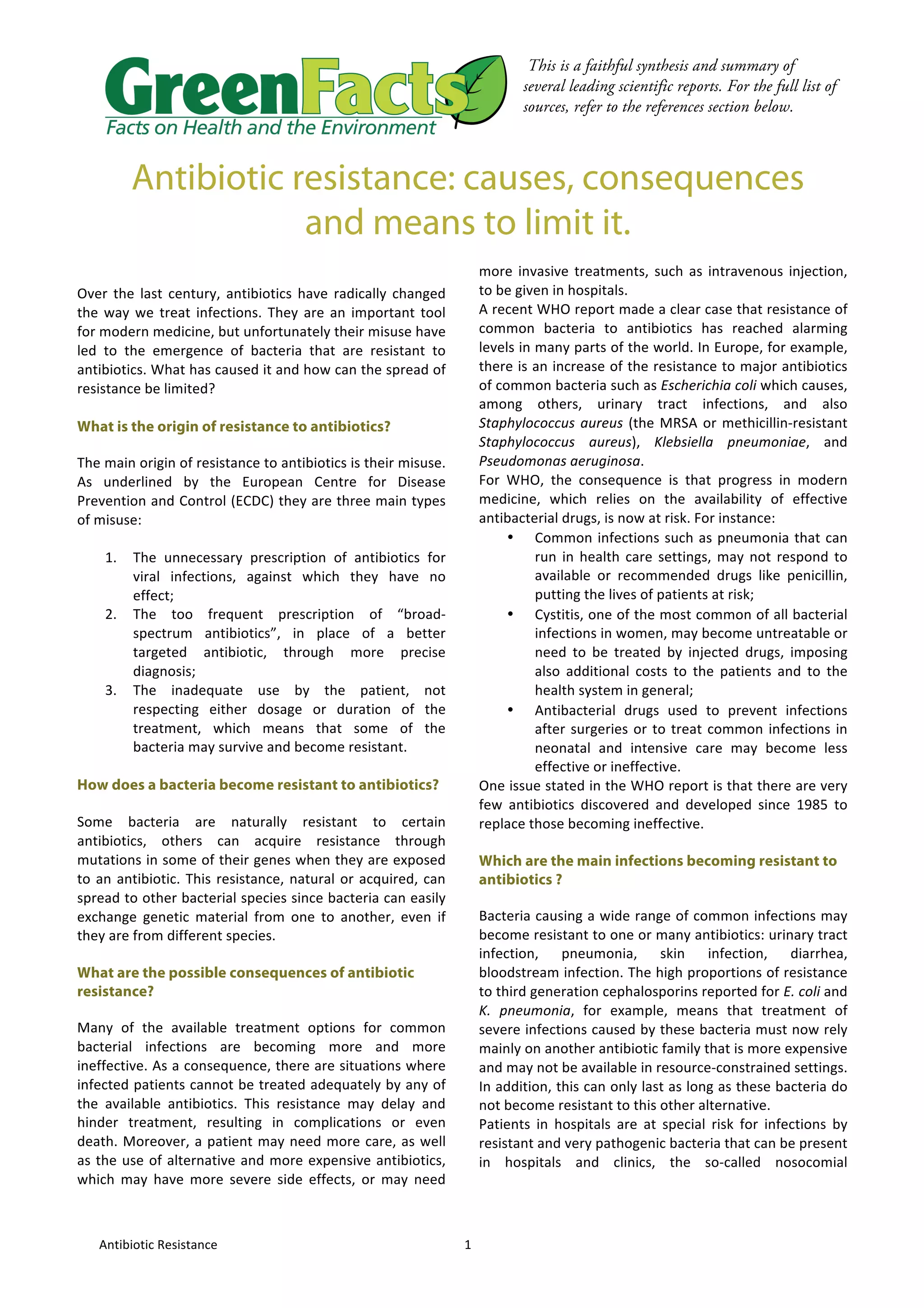 Antibiotic resistance: causes, consequences and means to limit it | PDF
