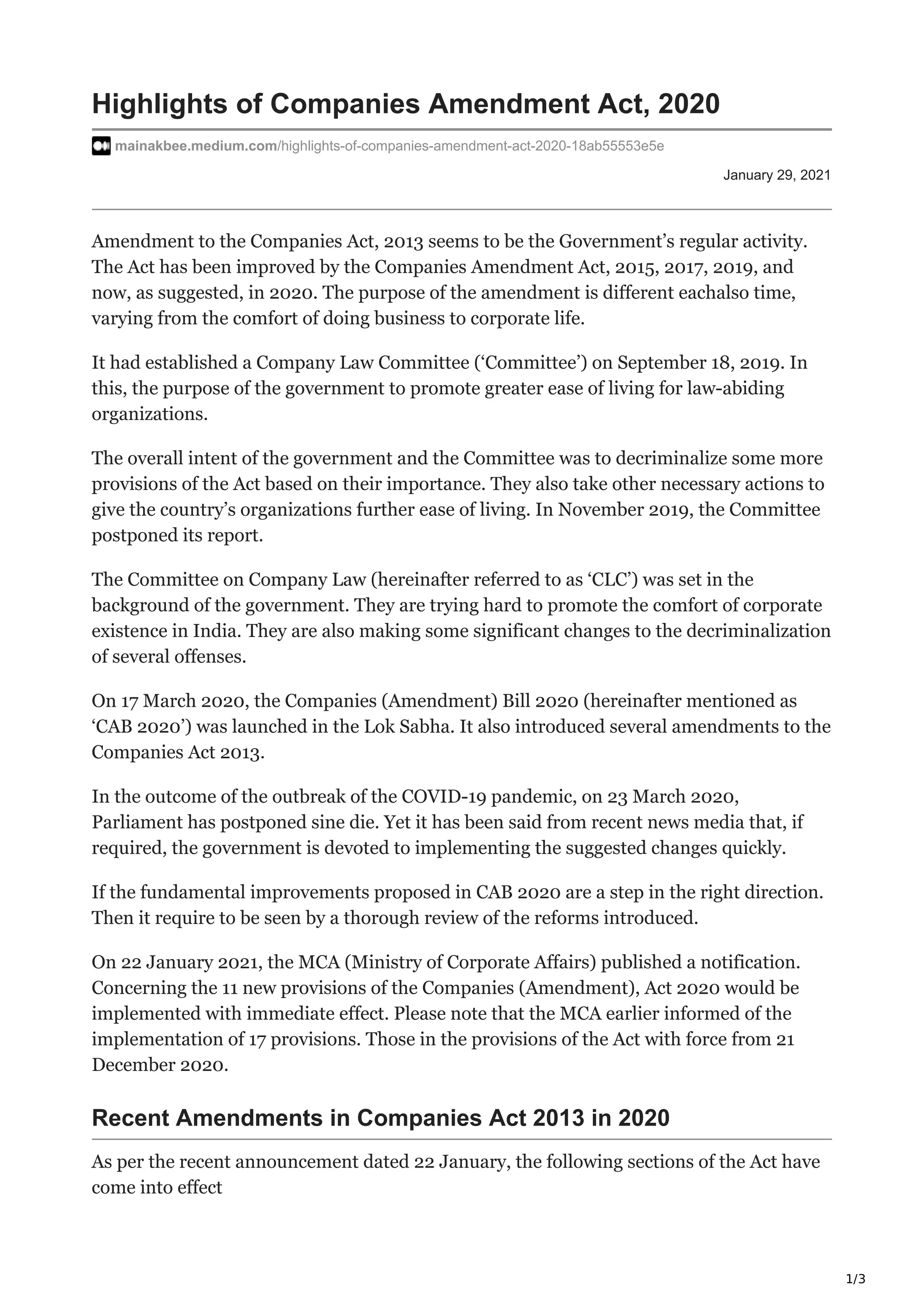 Highlights of companies amendment act, 2020 | PDF