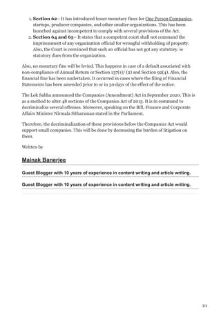 Highlights of companies amendment act, 2020 | PDF