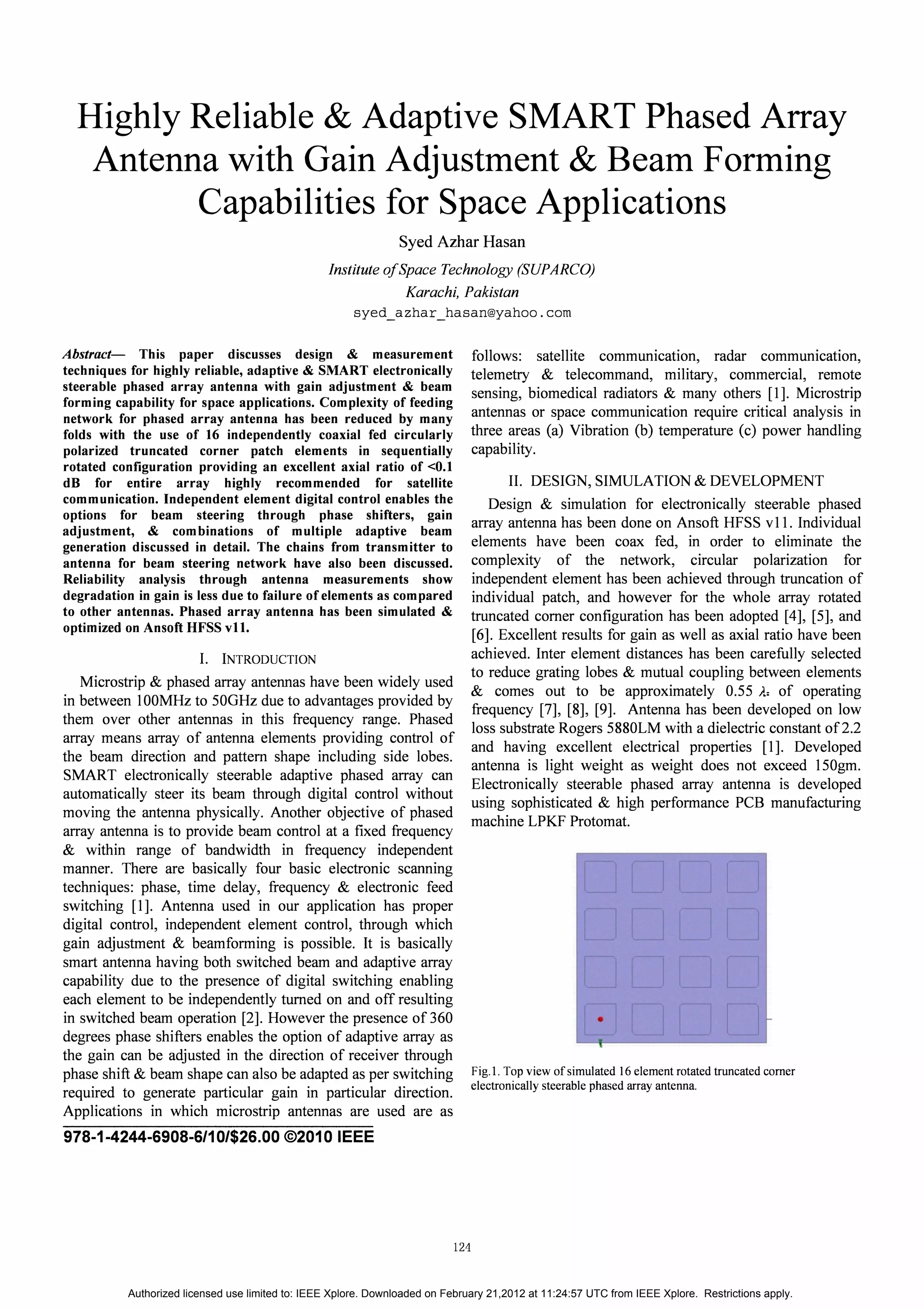 Highly reliable & adaptive smart phased array antenna with gain adjustment and beam forming ...