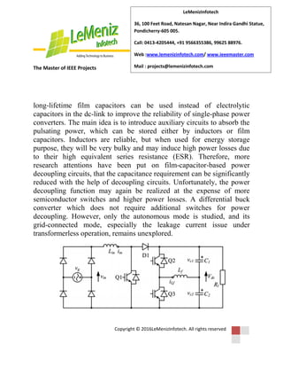 Highly reliable transformerless photovoltaic inverters with leakage current and pulsating power ...