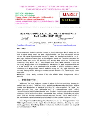 High performance parallel prefix adders with fast carry chain logic | PDF