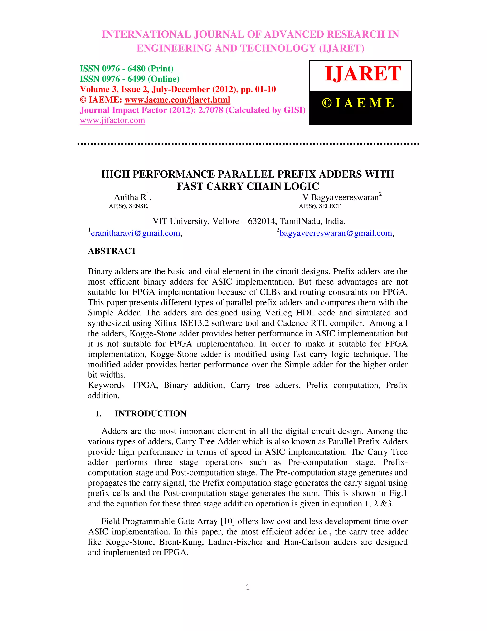 High performance parallel prefix adders with fast carry chain logic | PDF
