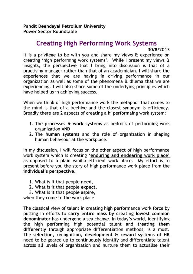 High performance work systems | DOC