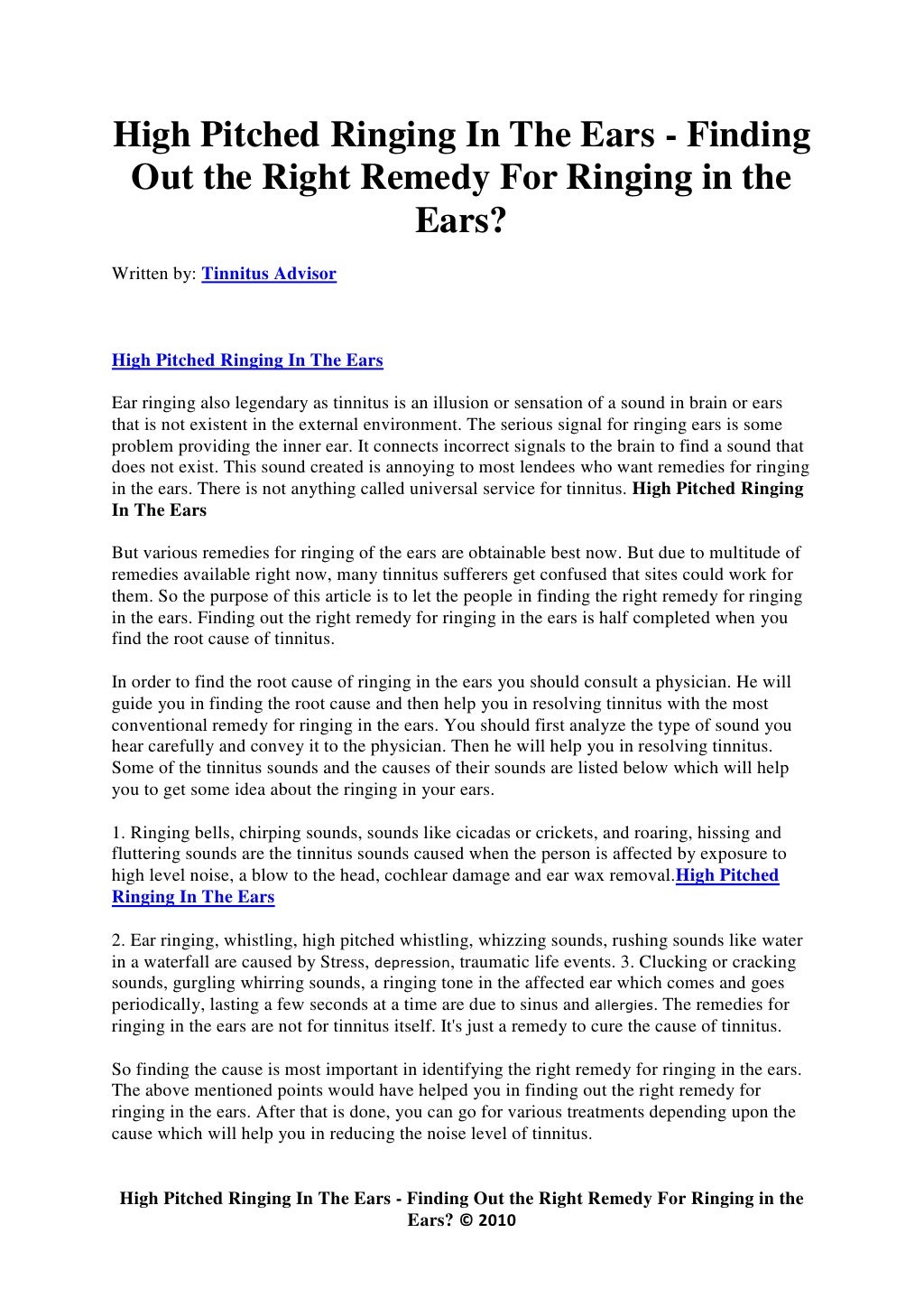 High Pitched Ringing In The Ears - Finding Out the Right Remedy For ...