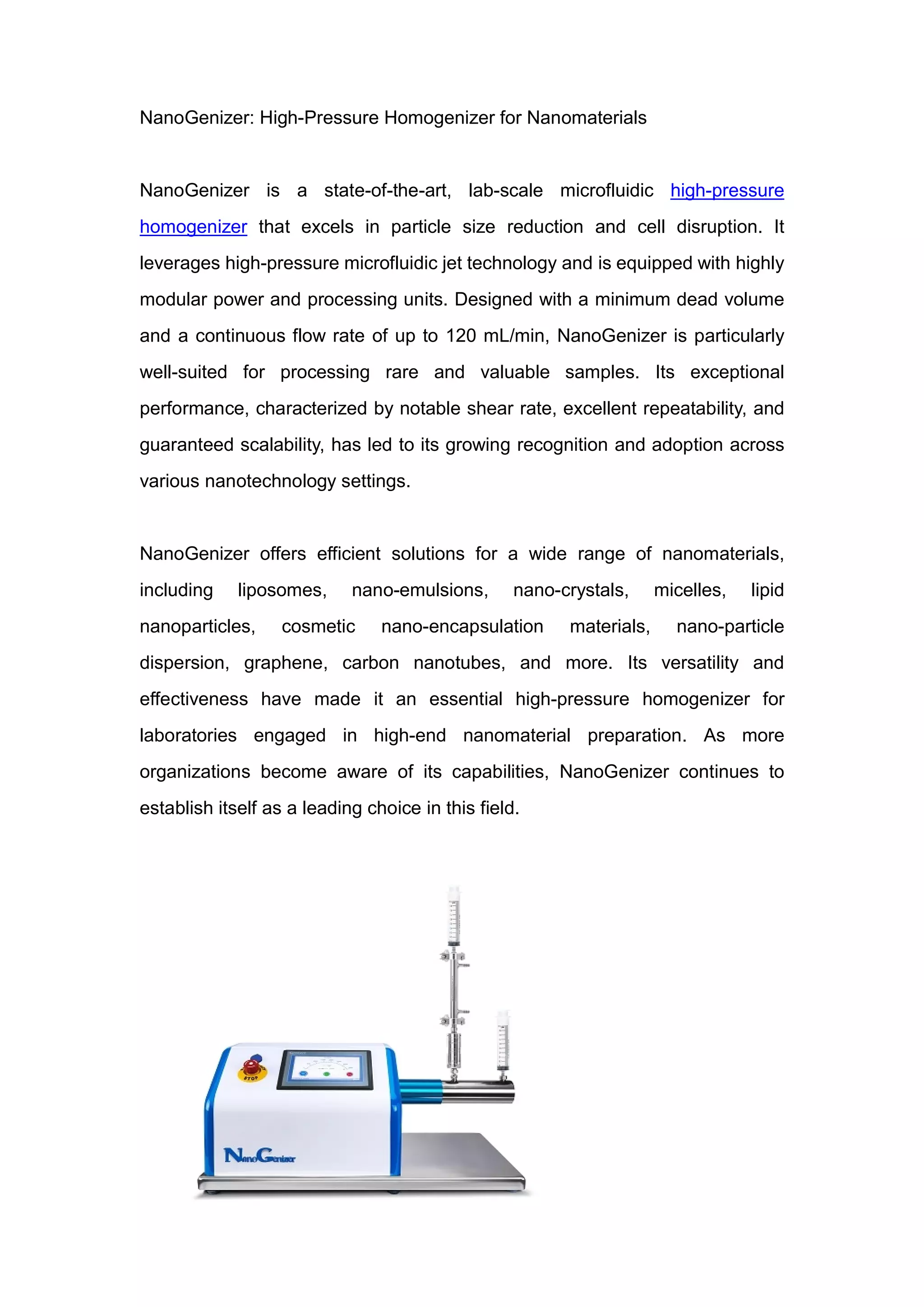 High Pressure Homogenizer - Genizer NanoGenizer Machinery | PDF