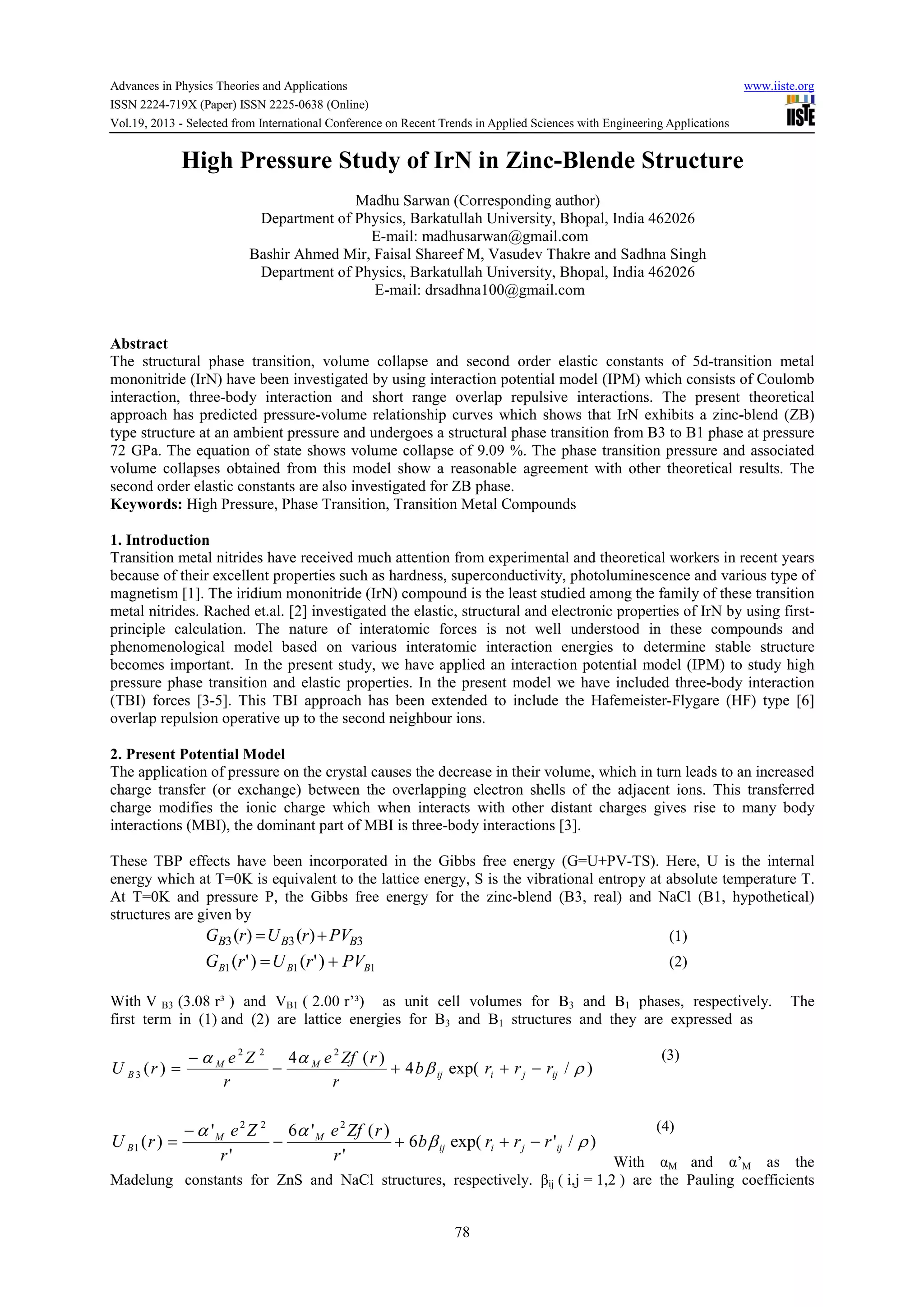 High pressure study of ir n in zinc blende structure | PDF | Chemistry ...