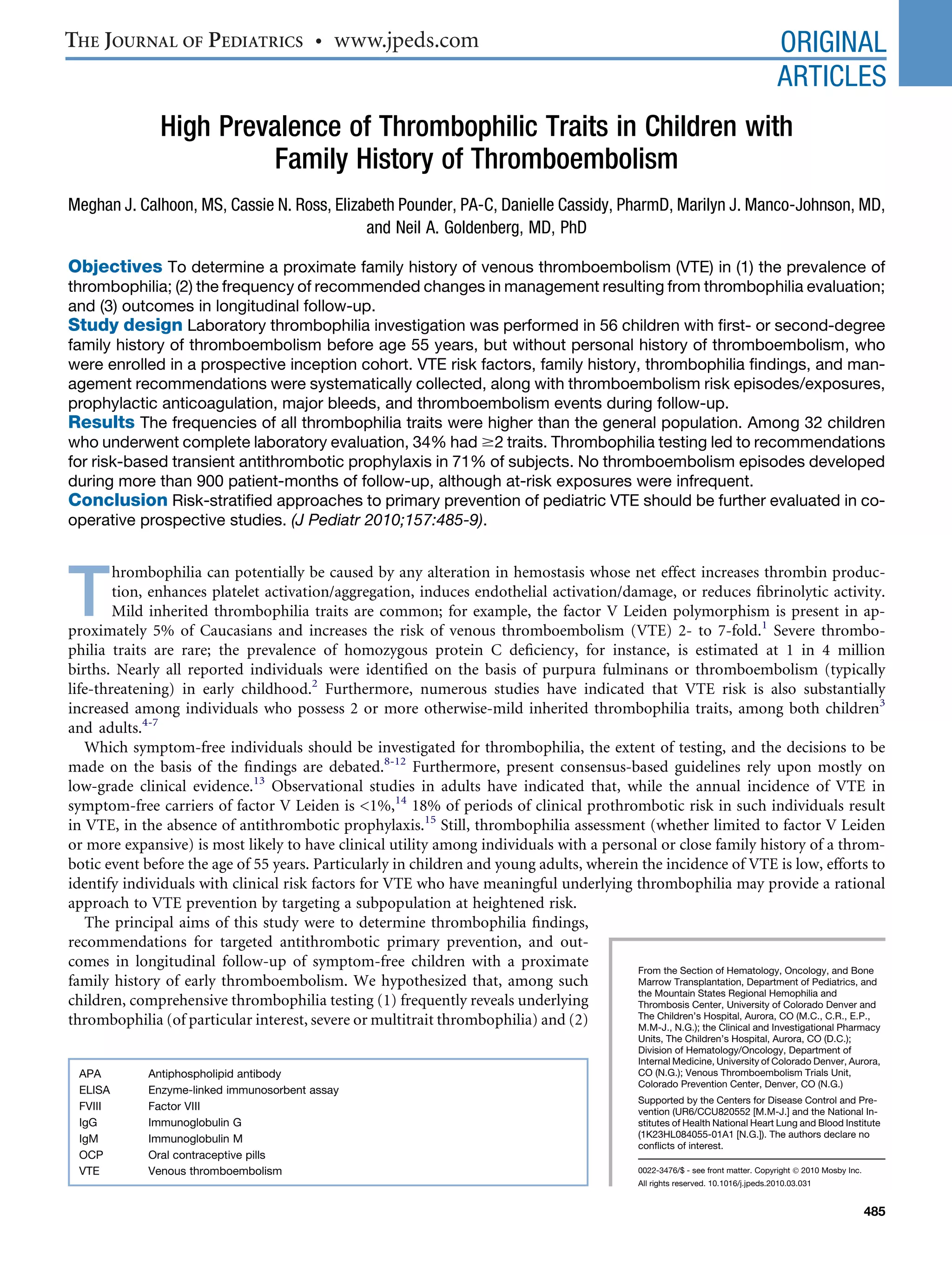 High Prevalence Of Thrombophilic Traits In Children With Family History ...