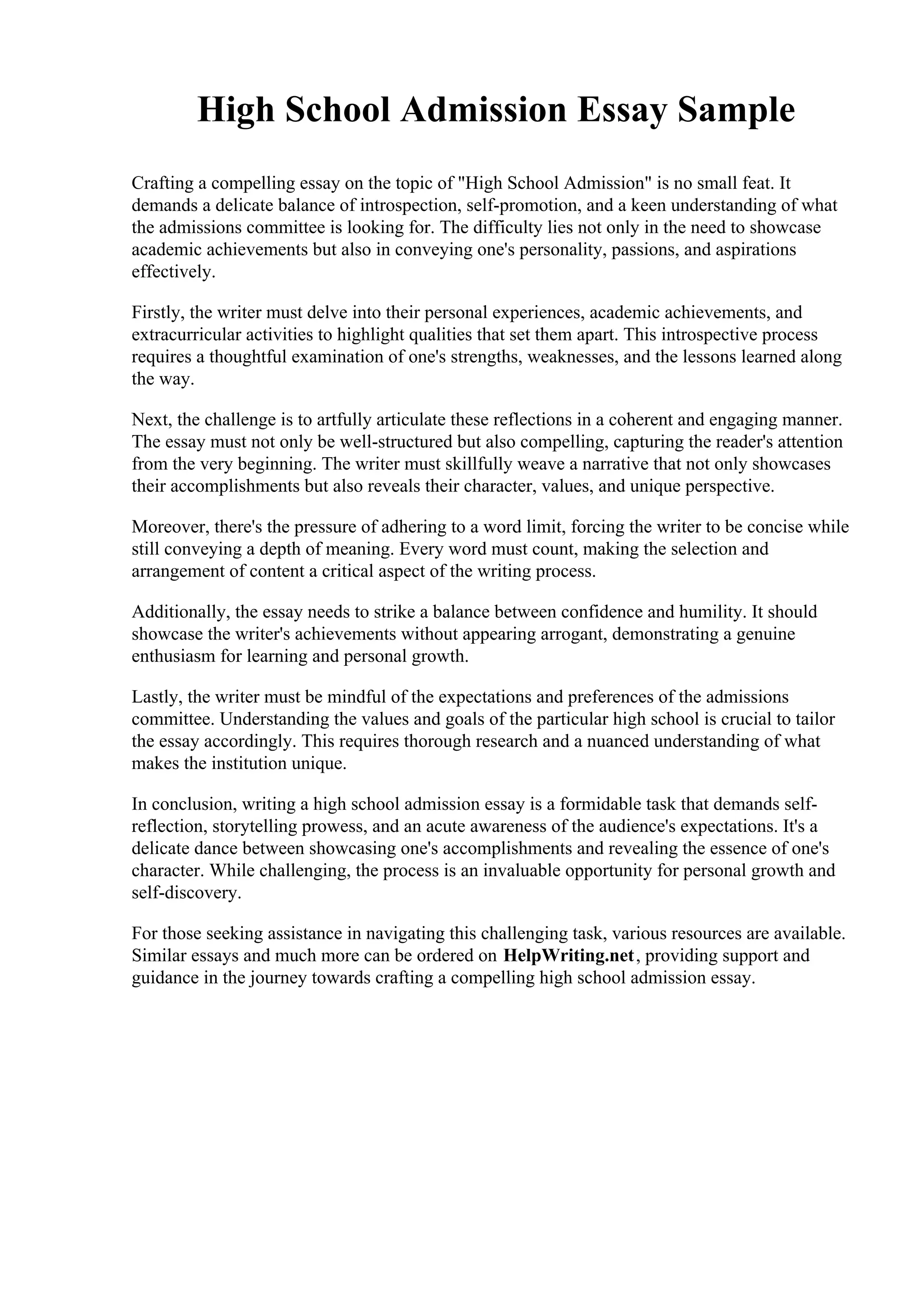 High School Admission Essay Sample. Middlesex County College | PDF