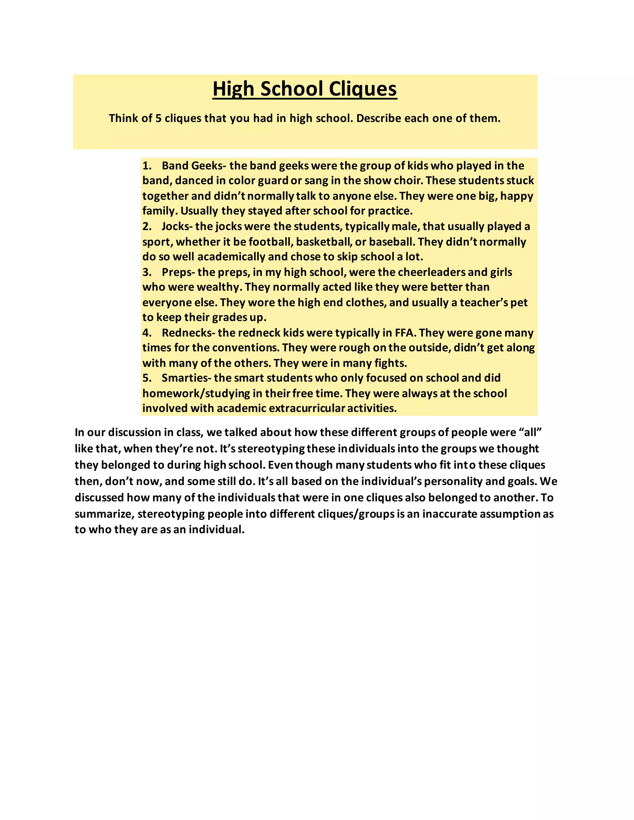 High school cliques | DOCX