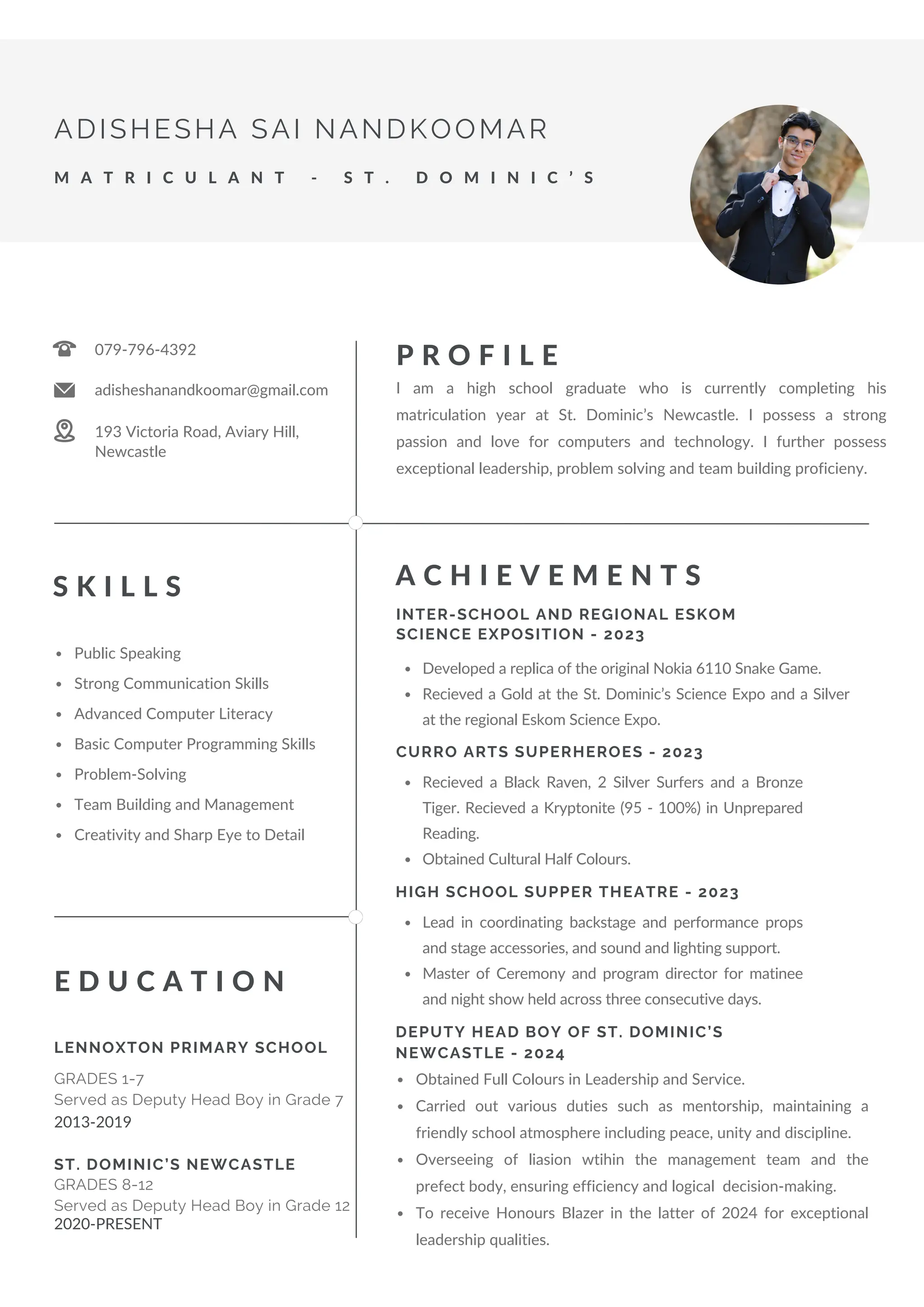 High School CV - Resume (Adishesha Nandkoomar).pdf