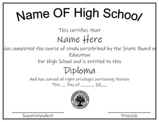 High School Certificate Samples