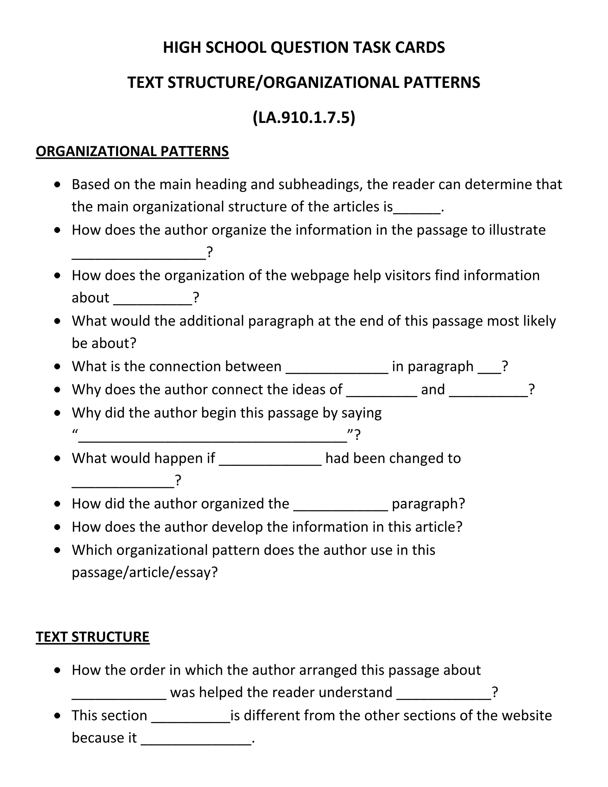 High school question task cards big | DOCX
