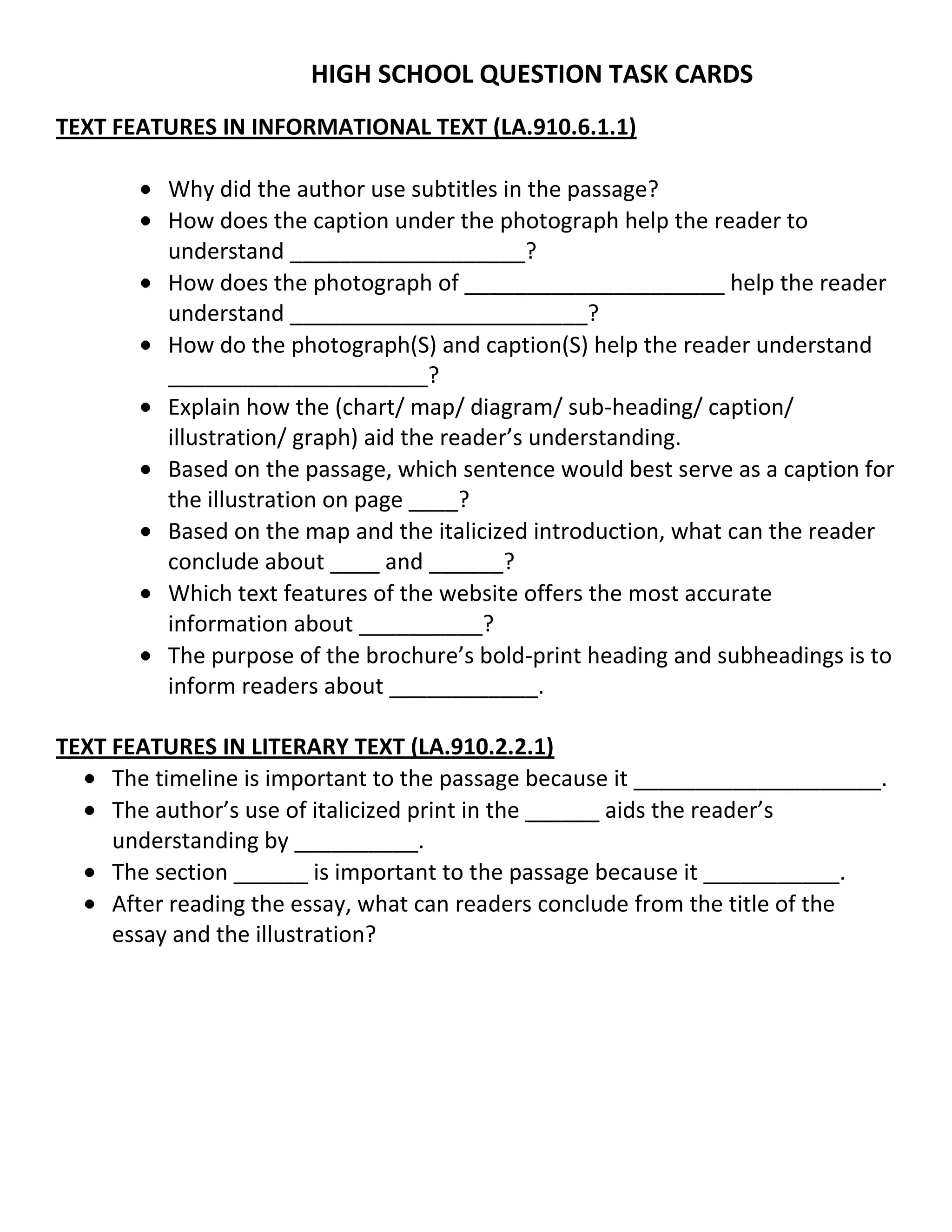 High school question task cards big | DOCX