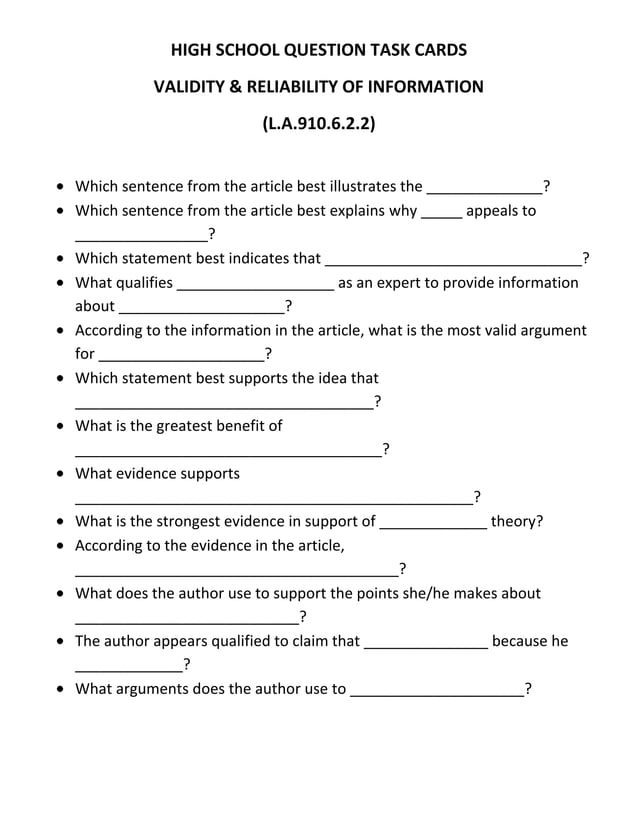 High school question task cards big | DOCX | Internet for Beginners ...