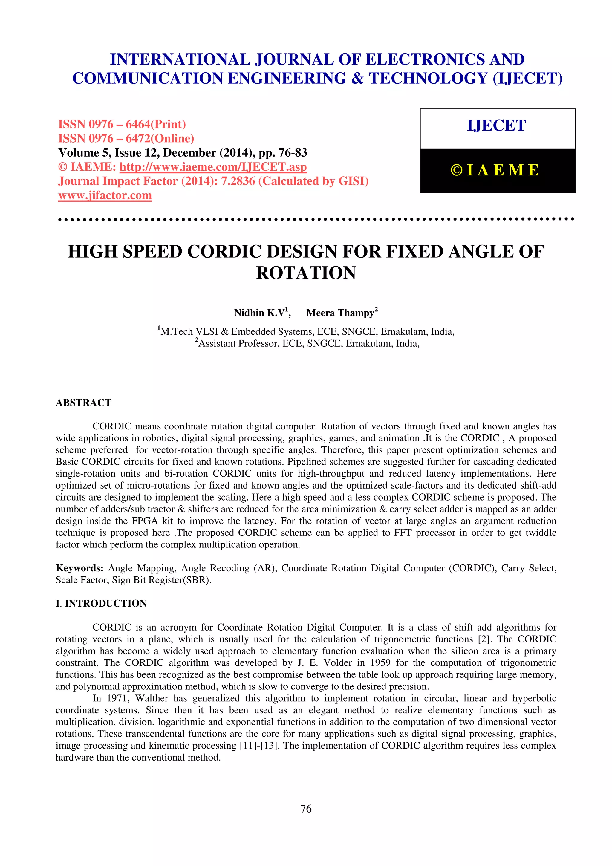 High speed cordic design for fixed angle of rotation | PDF