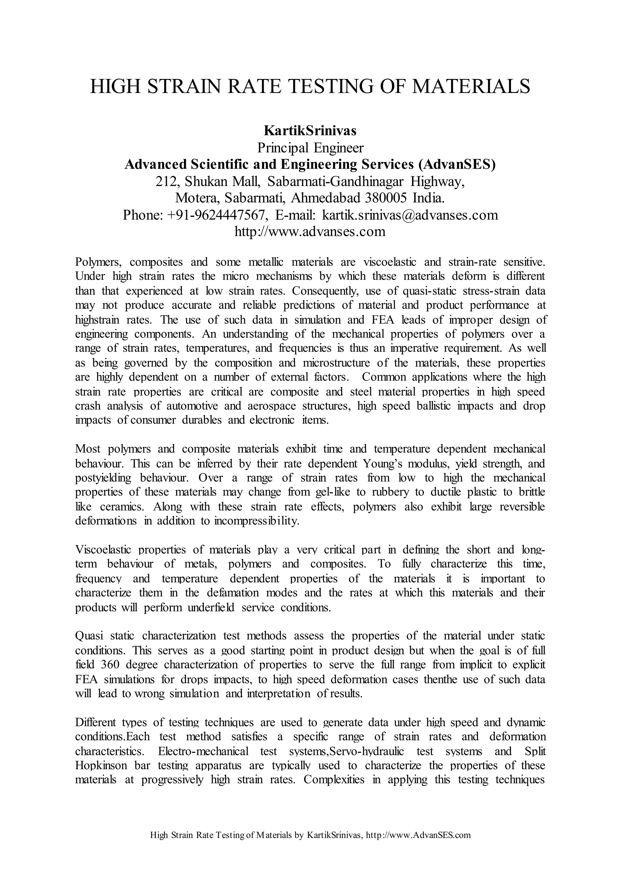 High Strain Rate Testing of Materials | DOCX