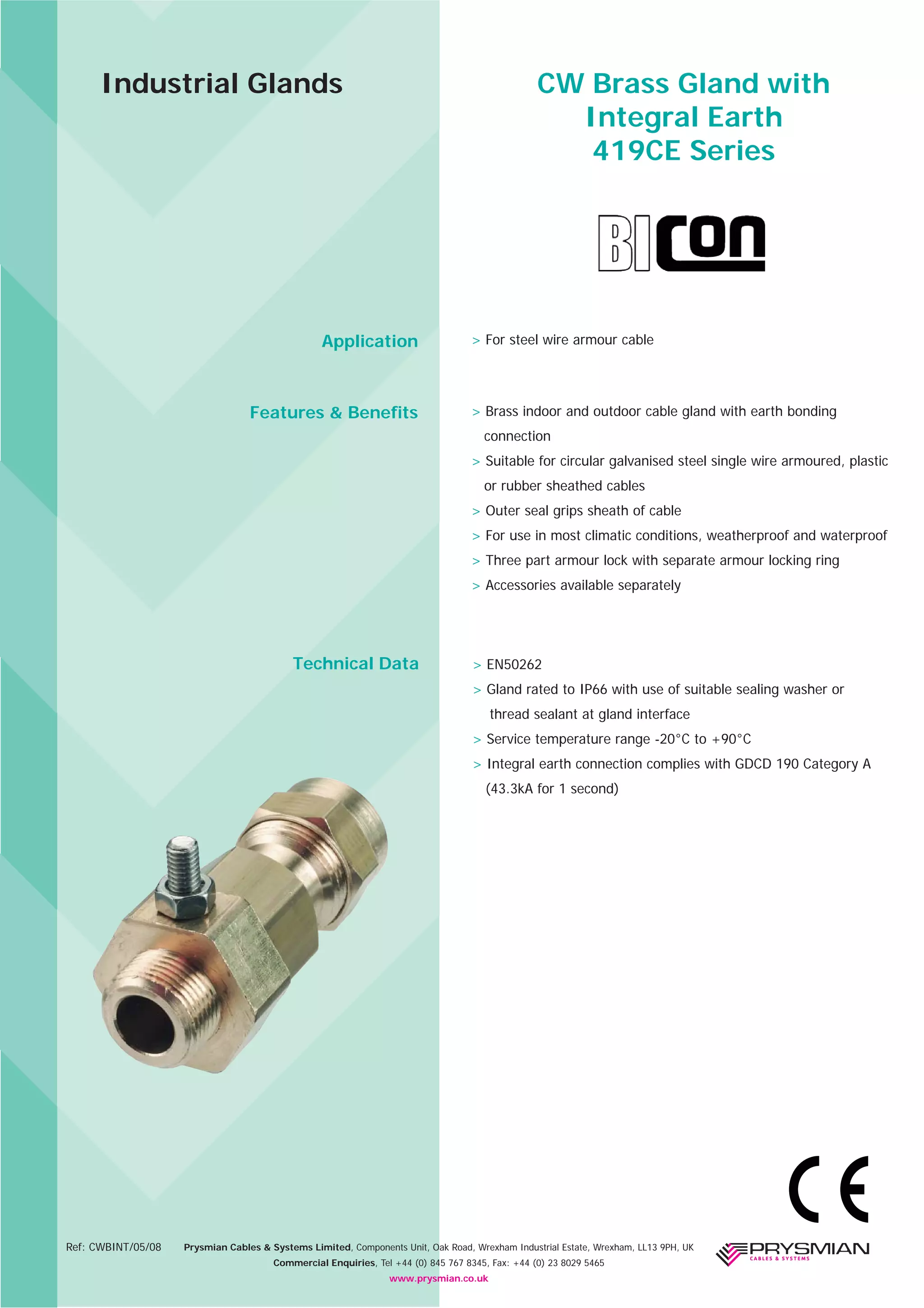 Prysmian BICON 419CE-63 High Voltage Brass Cable Gland Kit | PDF