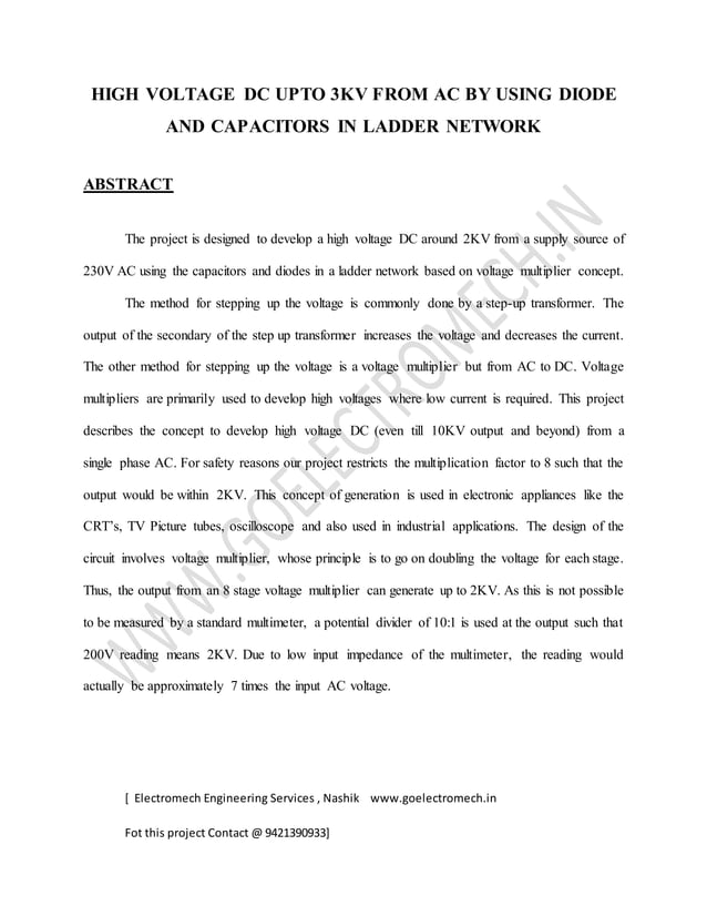 High voltage dc upto 3 kv from ac by using diode and capacitors in ...