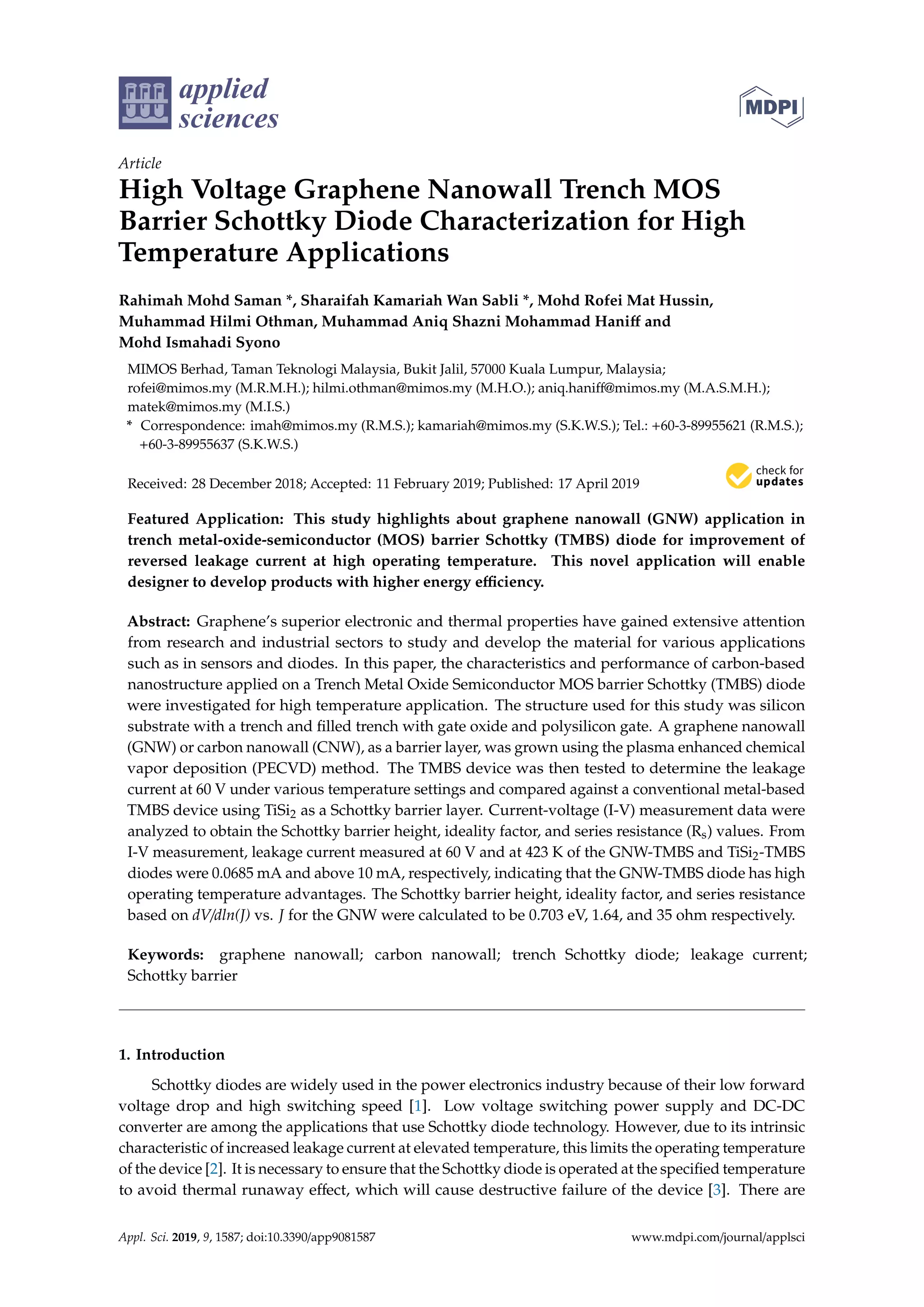 High voltage graphene nanowall trench mos barrier schottky diode ...