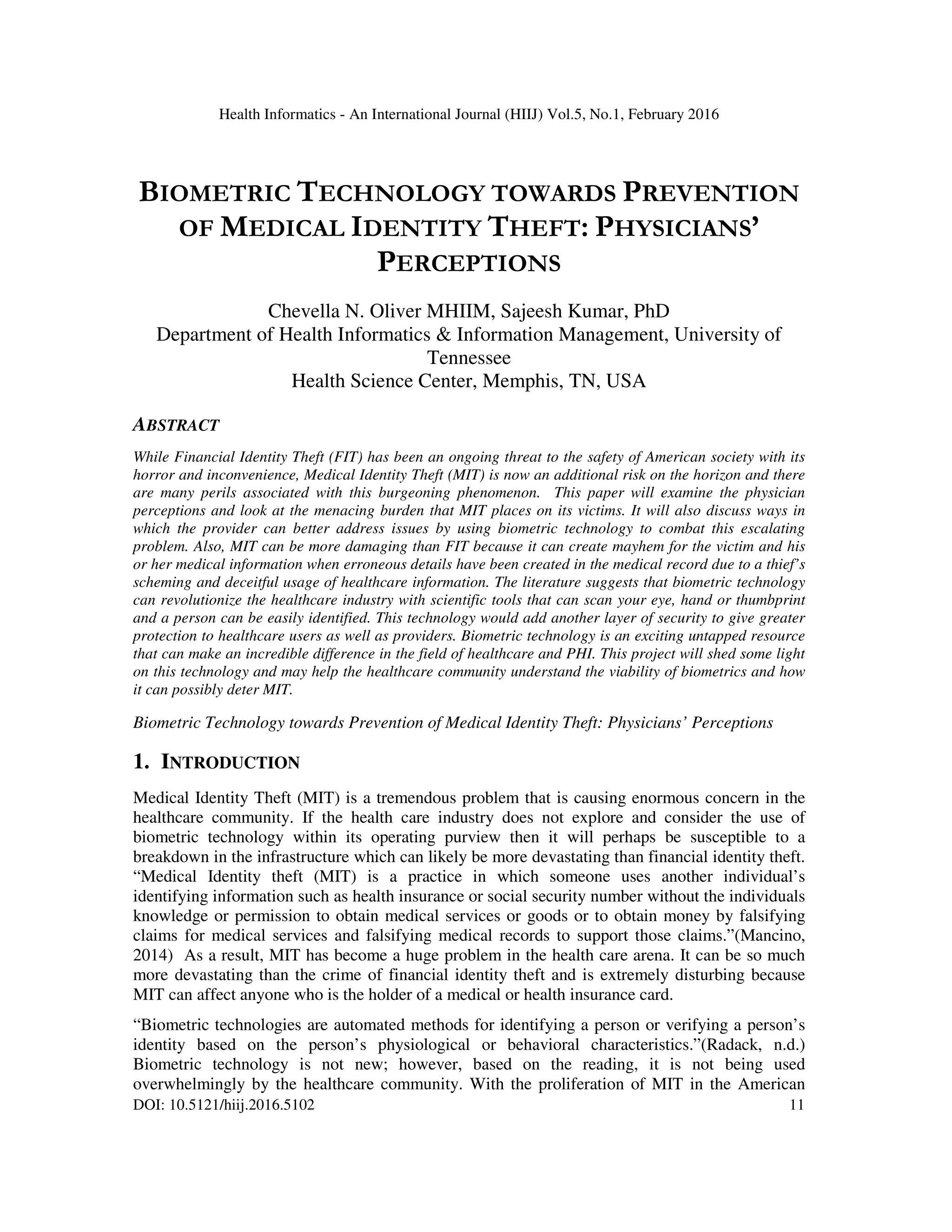 BIOMETRIC TECHNOLOGY TOWARDS PREVENTION OF MEDICAL IDENTITY THEFT: PHYSICIANS’ PERCEPTIONS | PDF
