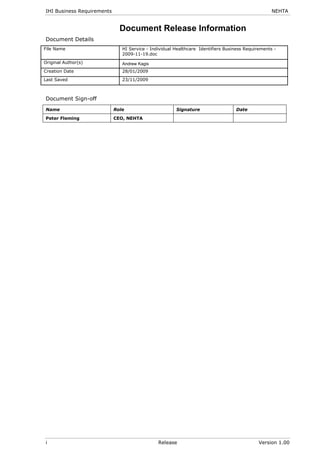 HI Individual Healthcare Identifiers Business Requirements V1.0 | PDF
