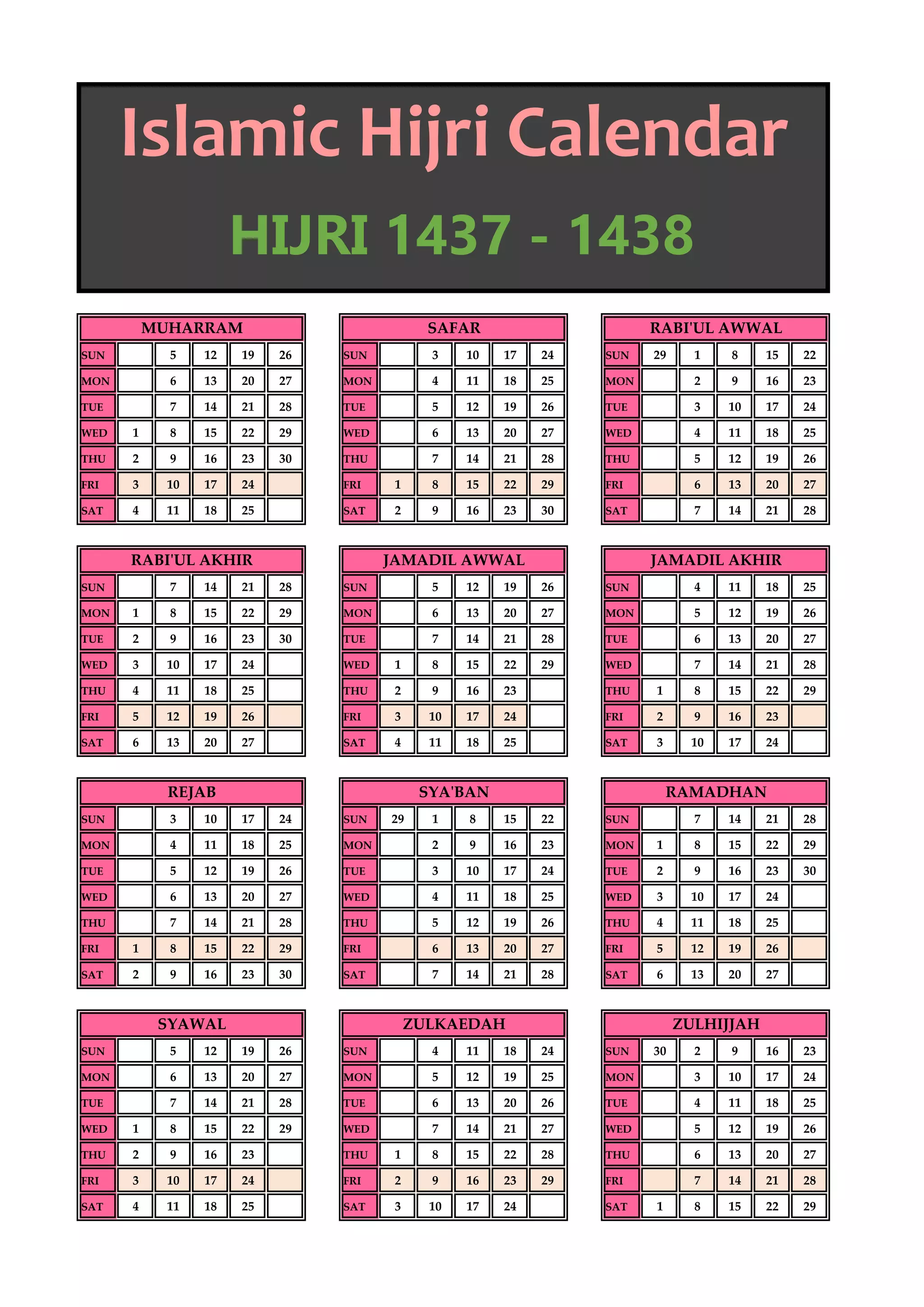 ISLAMIC HIJRI CALENDAR 1437 - 1438 | MICROSOFT WORD | PDF | Islam ...