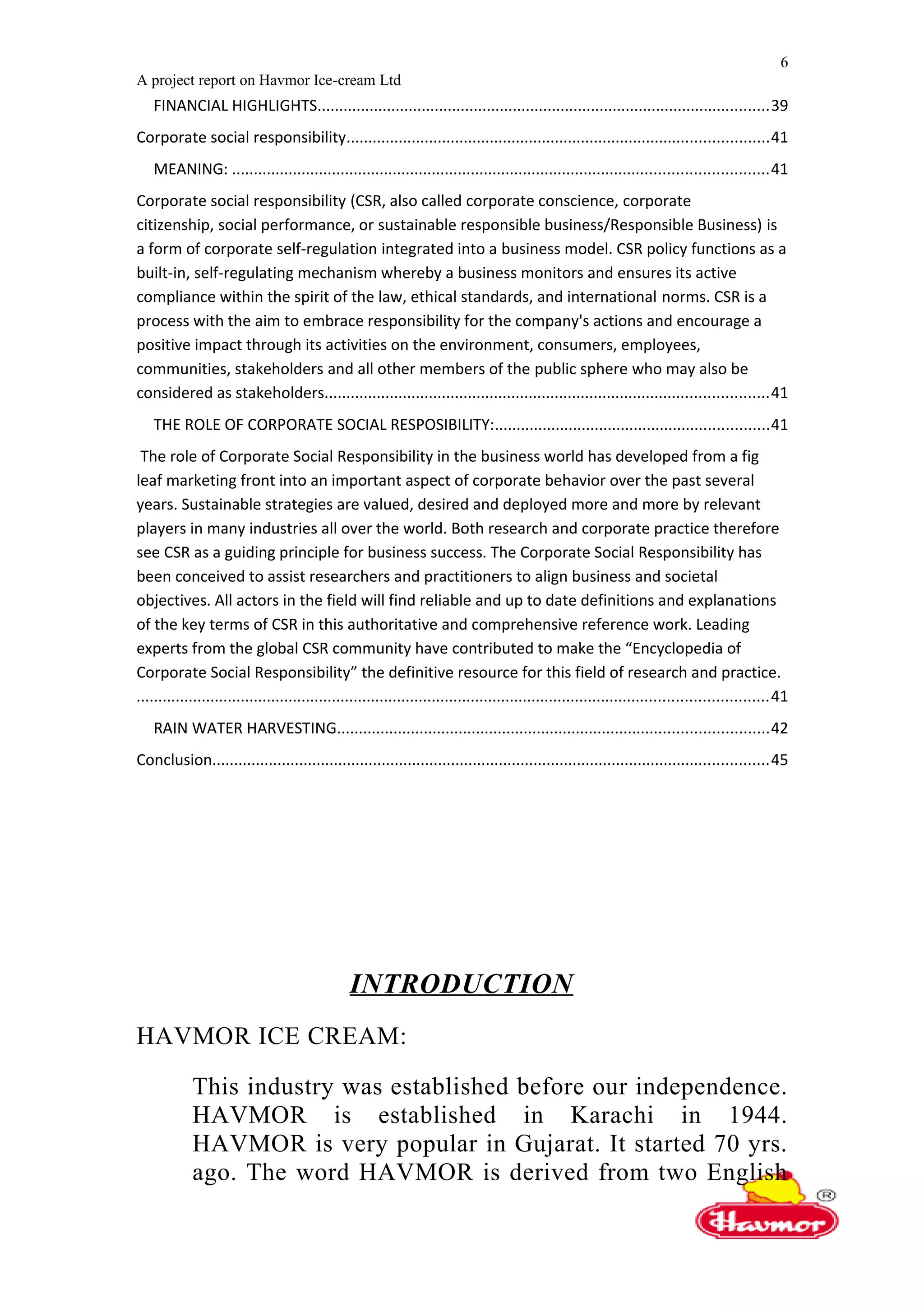 Project report on Havmor ice-cream | DOC