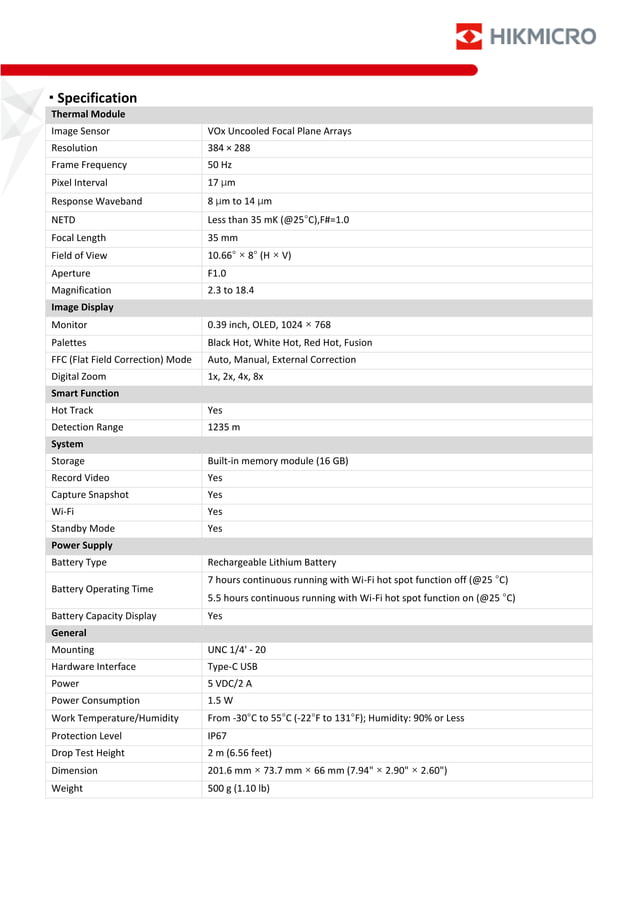 Hik Micro Owl OH35 Specification | Optics Trade | PDF