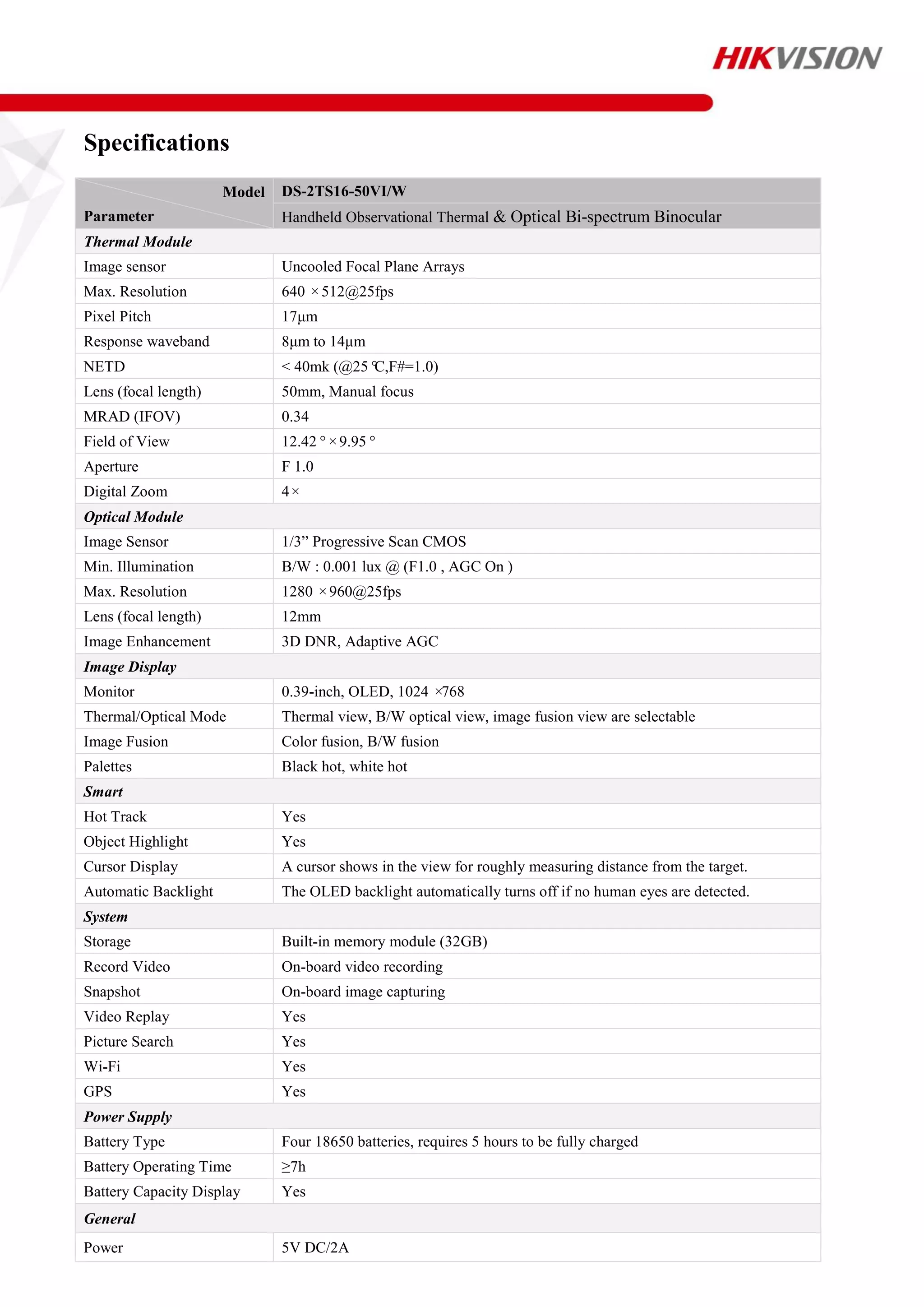 Hikvision Binocular 50 w DataSheet | Optics Trade | PDF