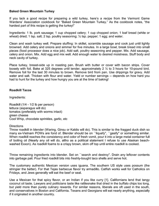 Hillbilly hanks roadkill recipes | PDF