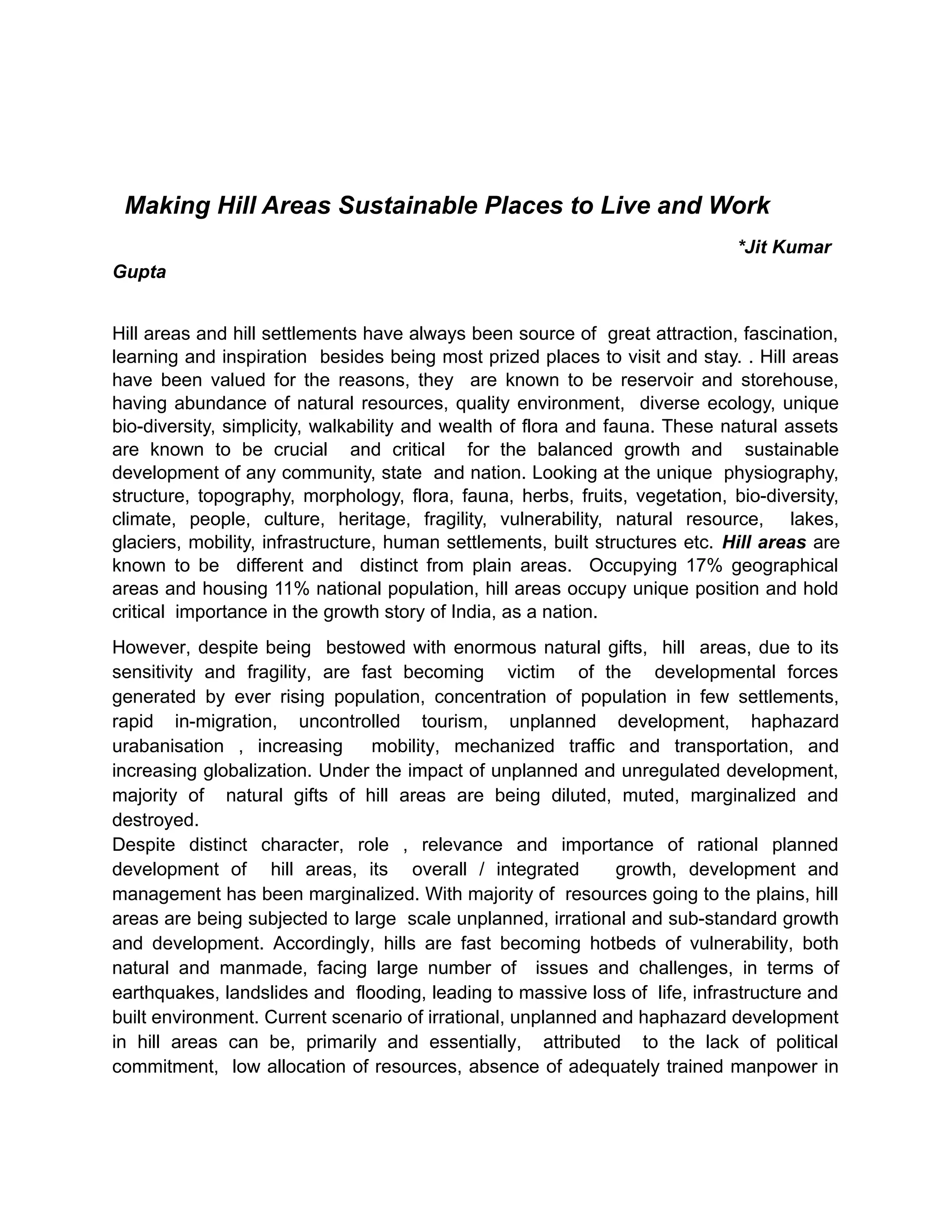 Making Hill Areas Sustainable Places to Live and Woek | PDF