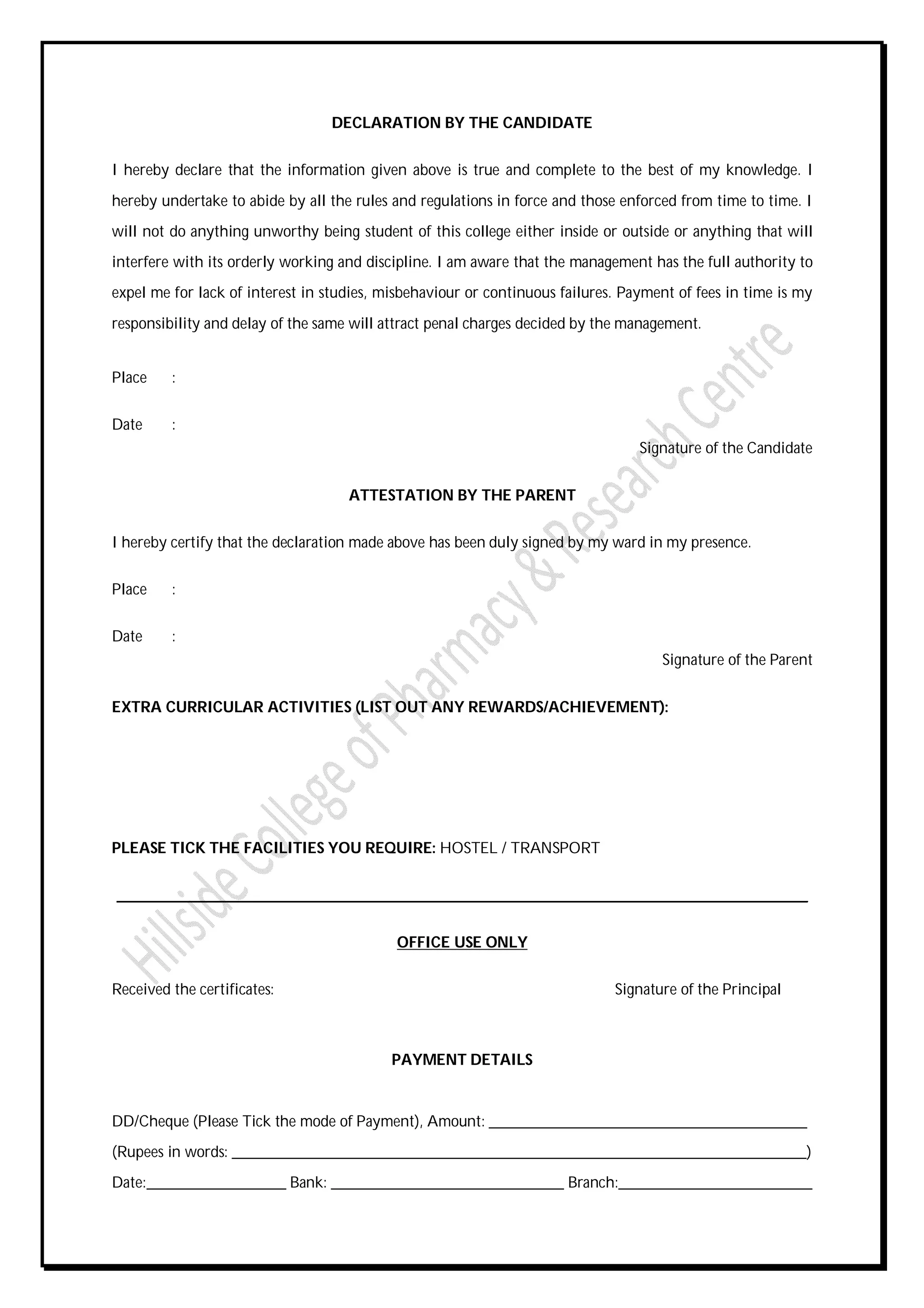 Hillside Pharmacy College Addmission Application Forms | PDF