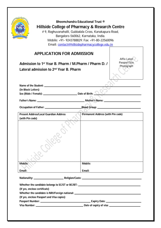Hillside Pharmacy College Addmission Application Forms | PDF