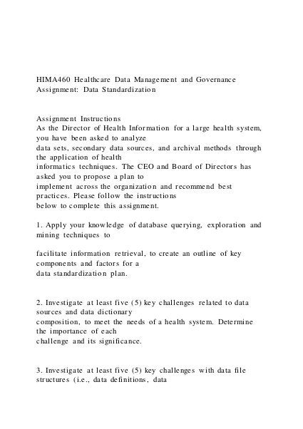 HIMA460 Healthcare Data Management and Governance Assignment | DOCX