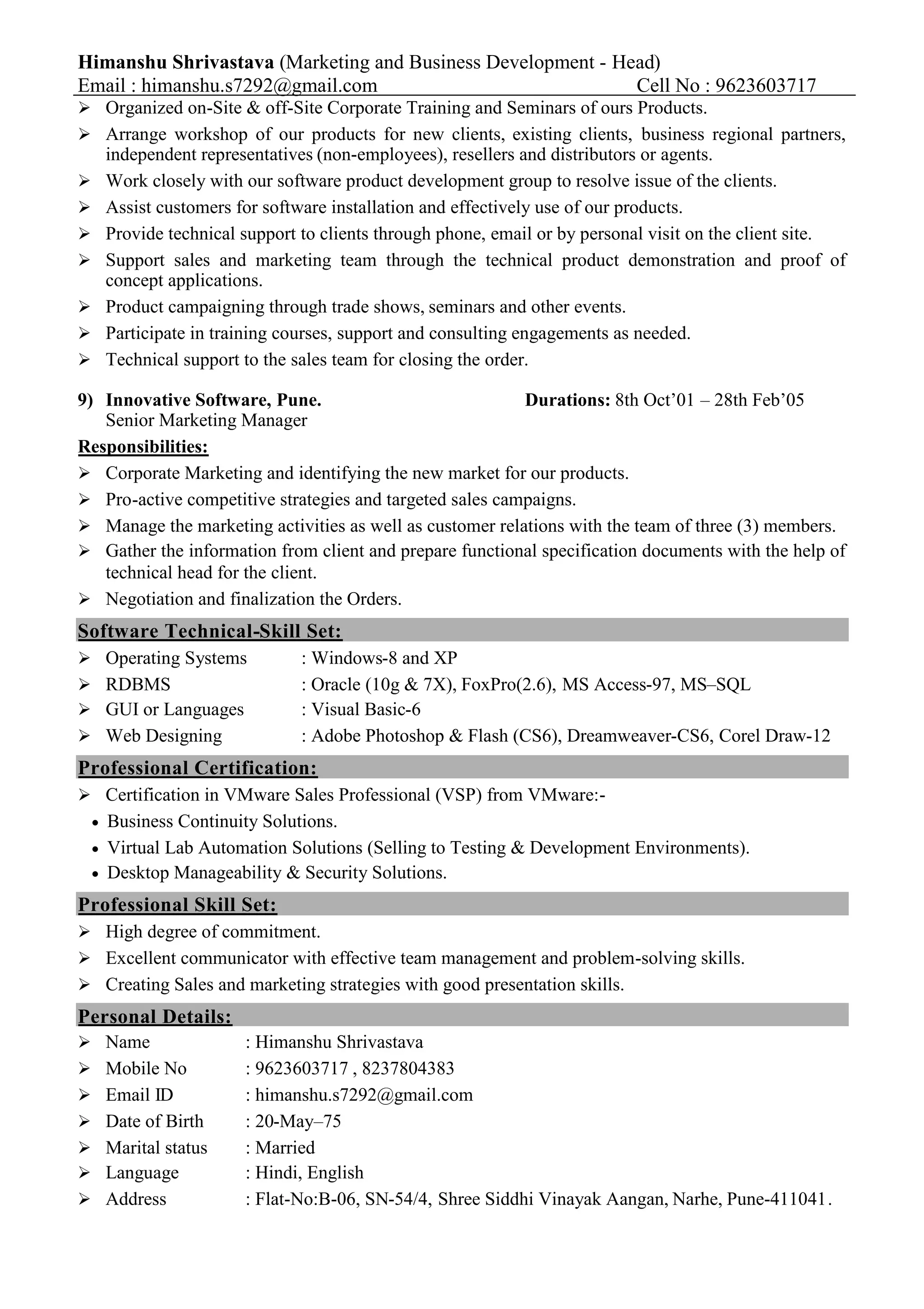 Himanshu Shrivastava Resume Pdf