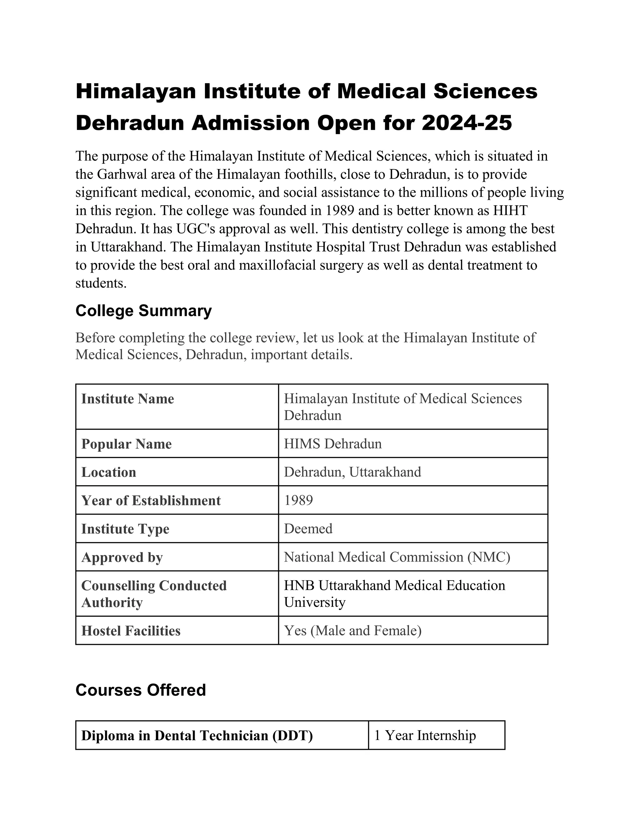 Himalayan Institute of Medical Sciences Dehradun Admission Open for ...