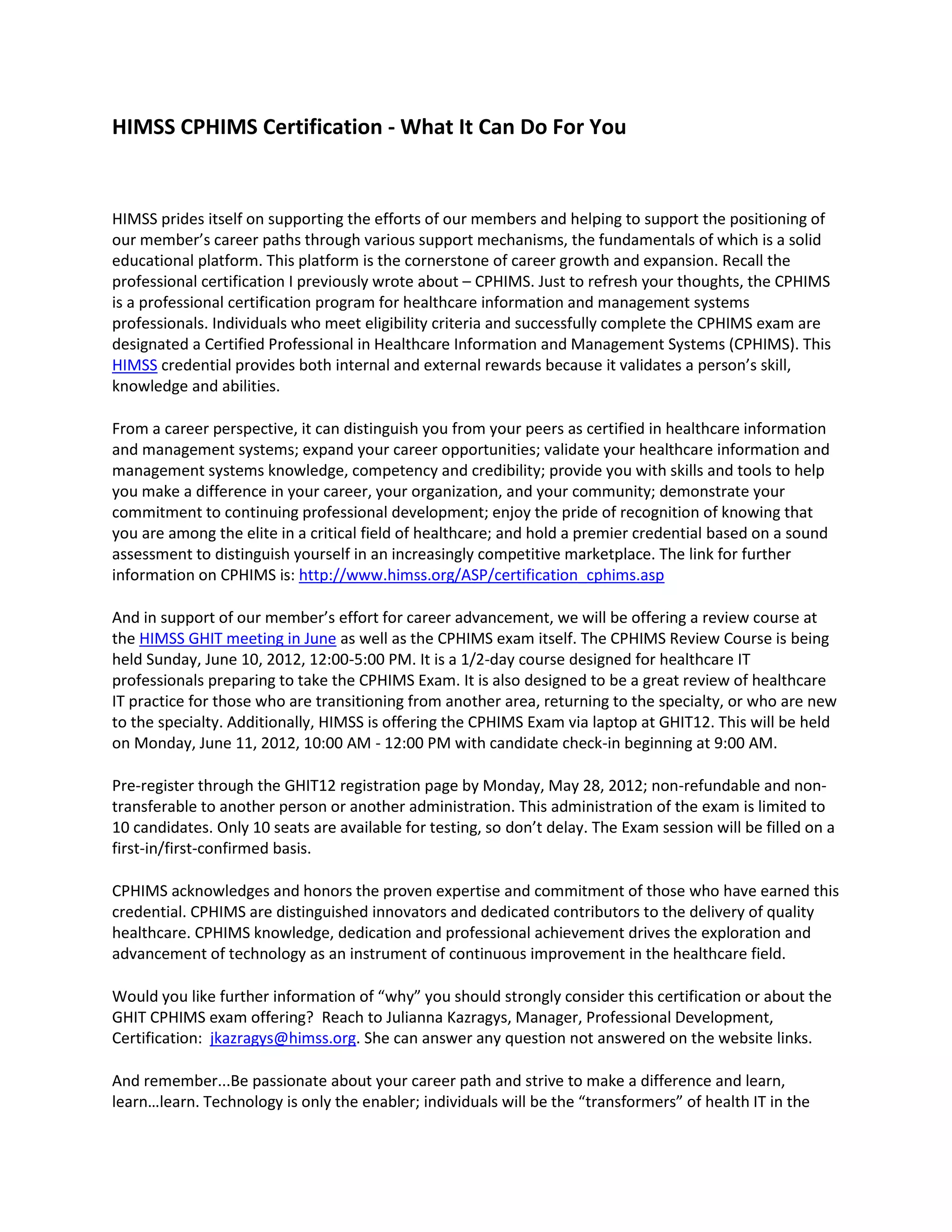 HIMSS CPHIMS Certification - What It Can Do For You | DOCX