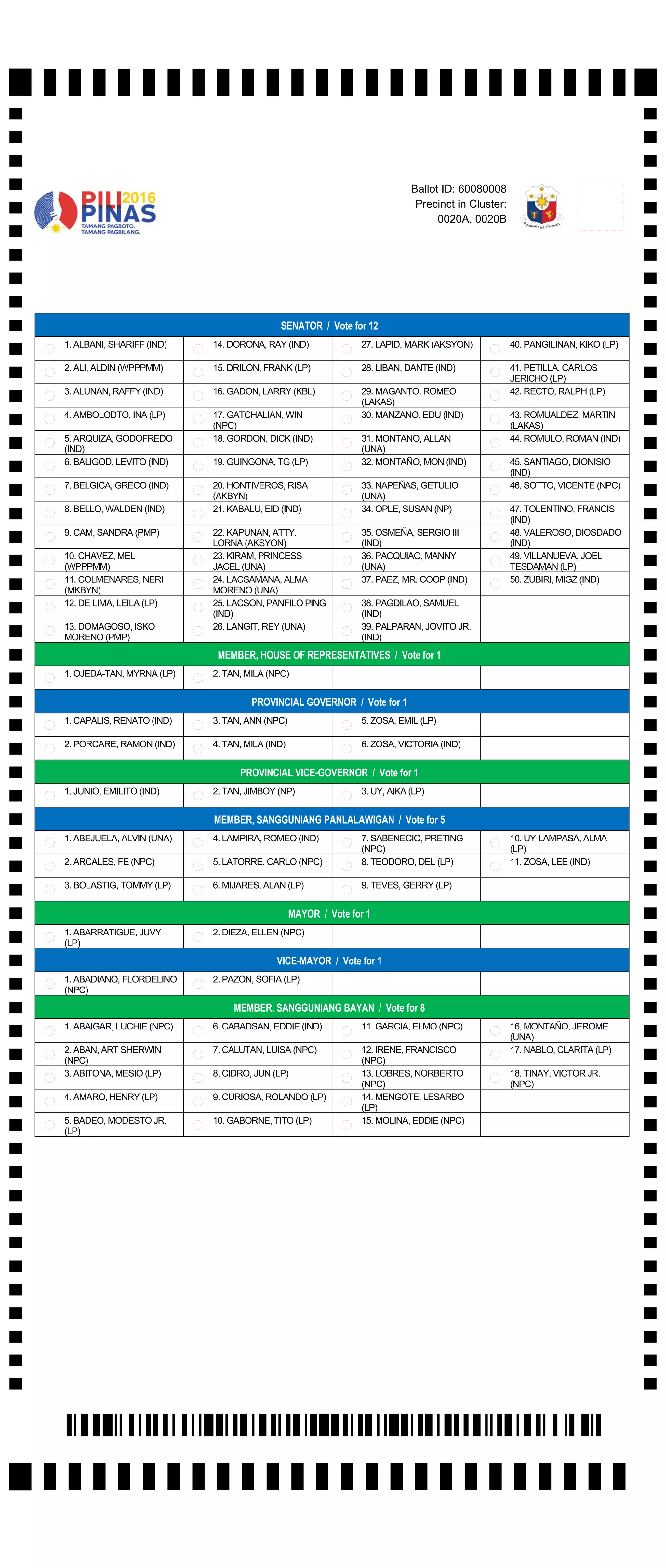 Hinabangan - 2016 Official Ballot | PDF
