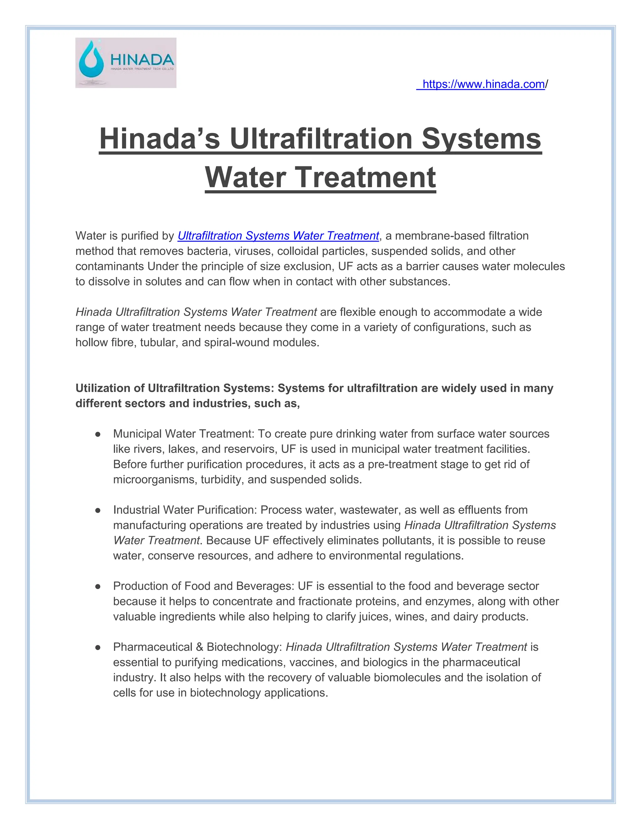 Hinada’s Ultrafiltration Systems Water Treatment .pdf | Chemistry | Science