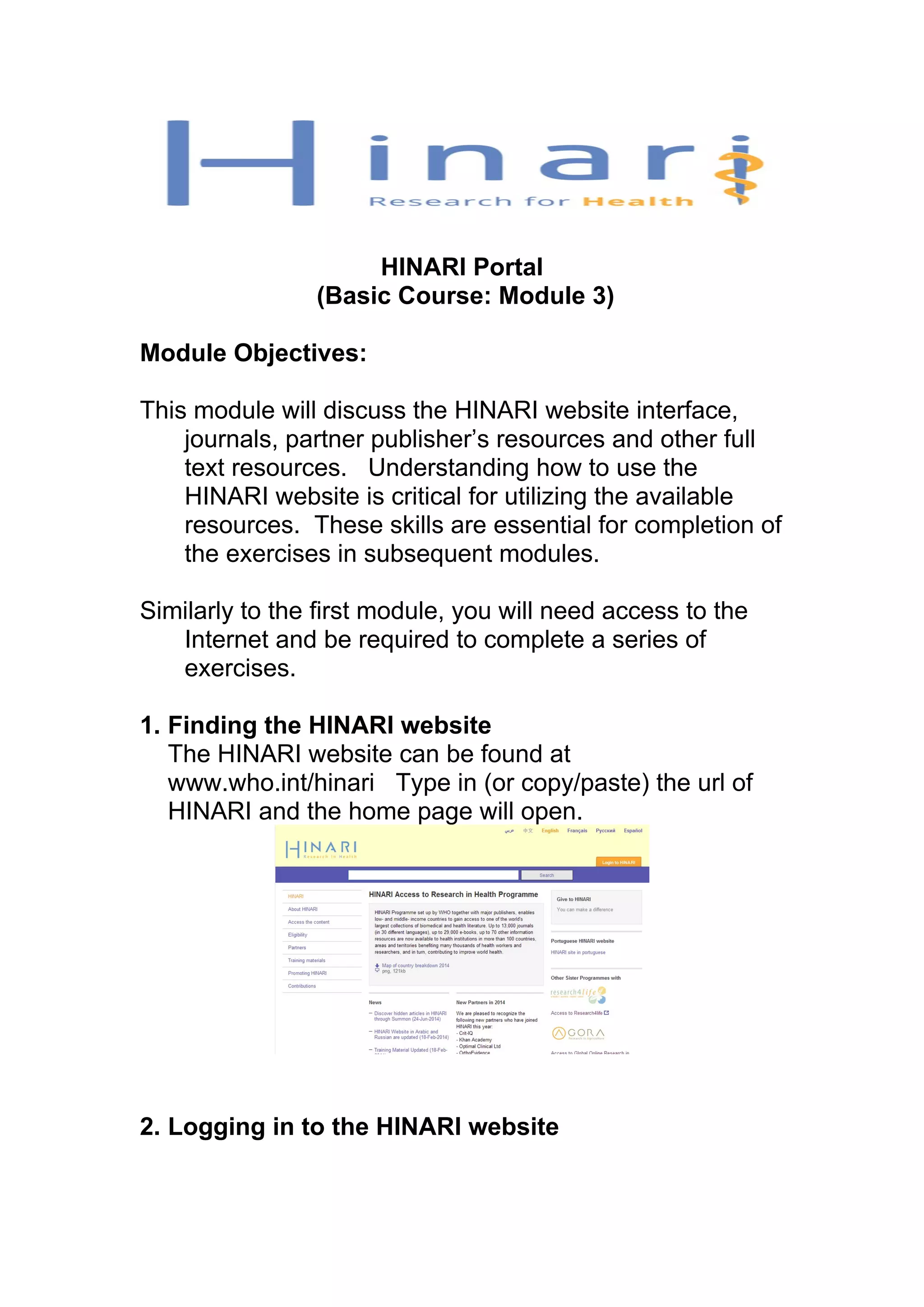 HINARI Portal (Basic Course: Module 3) | PDF