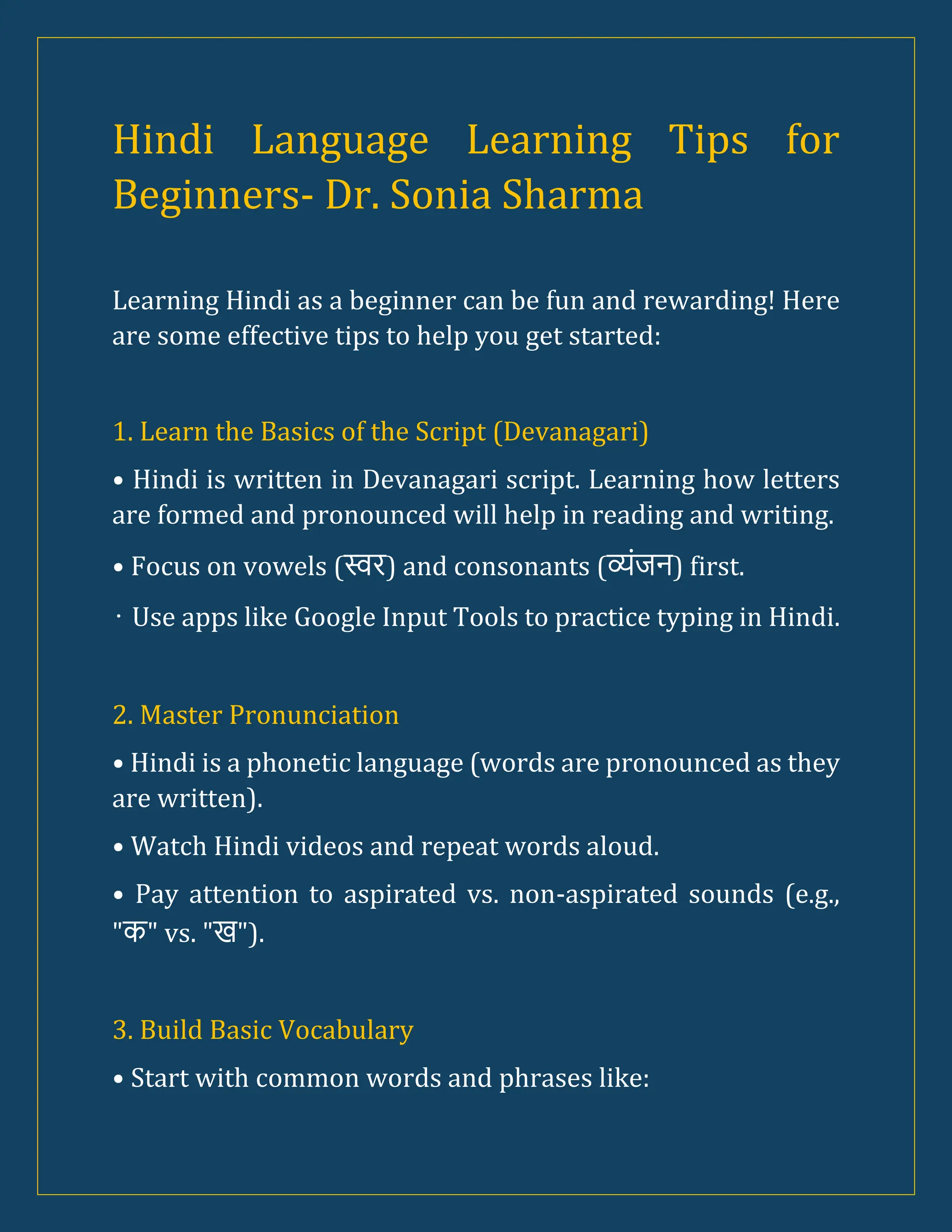 Hindi Language Learning Tips for Beginners- Dr. Sonia Sharma | PDF