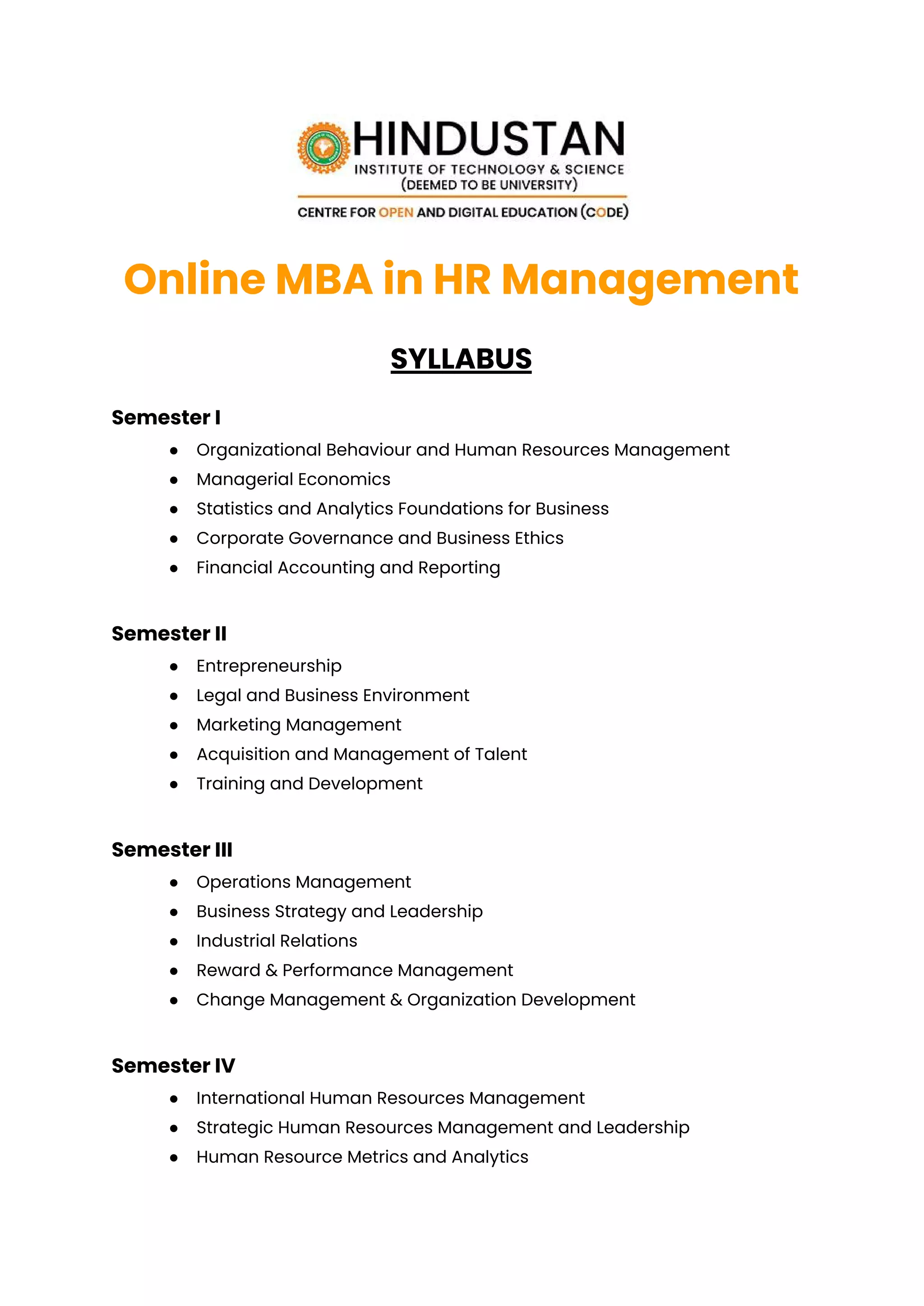 Hindustan Online MBA HR Course Syllabus | PDF