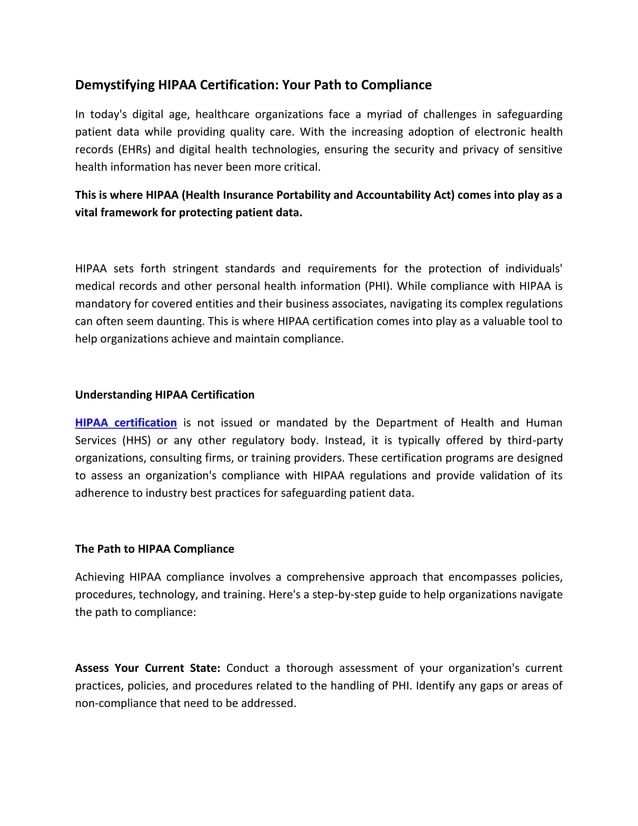 Demystifying HIPAA Certification: Your Path to Compliance | PDF ...