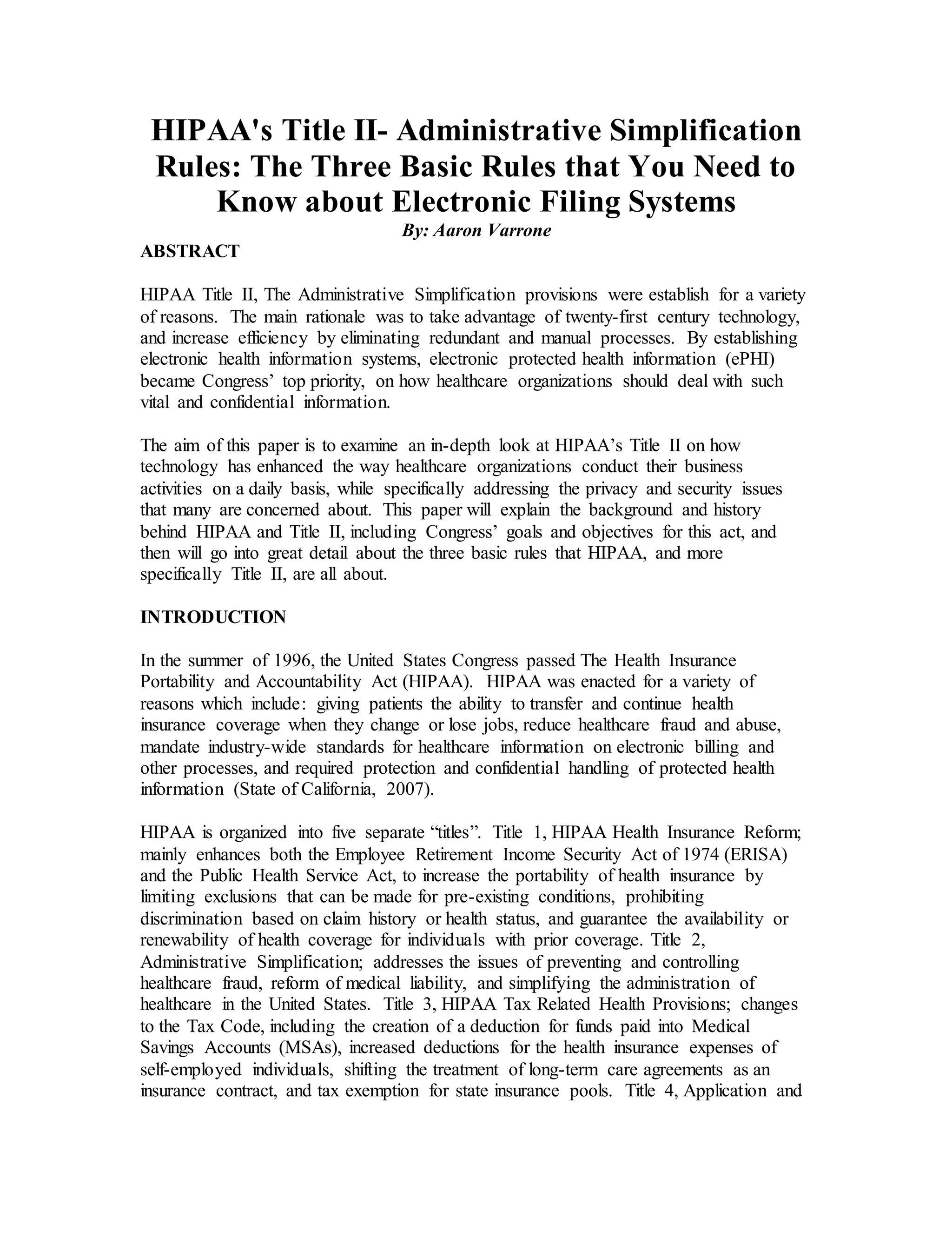 HIPAA's Title II- Administrative Simplification Rules: The Three Basic ...