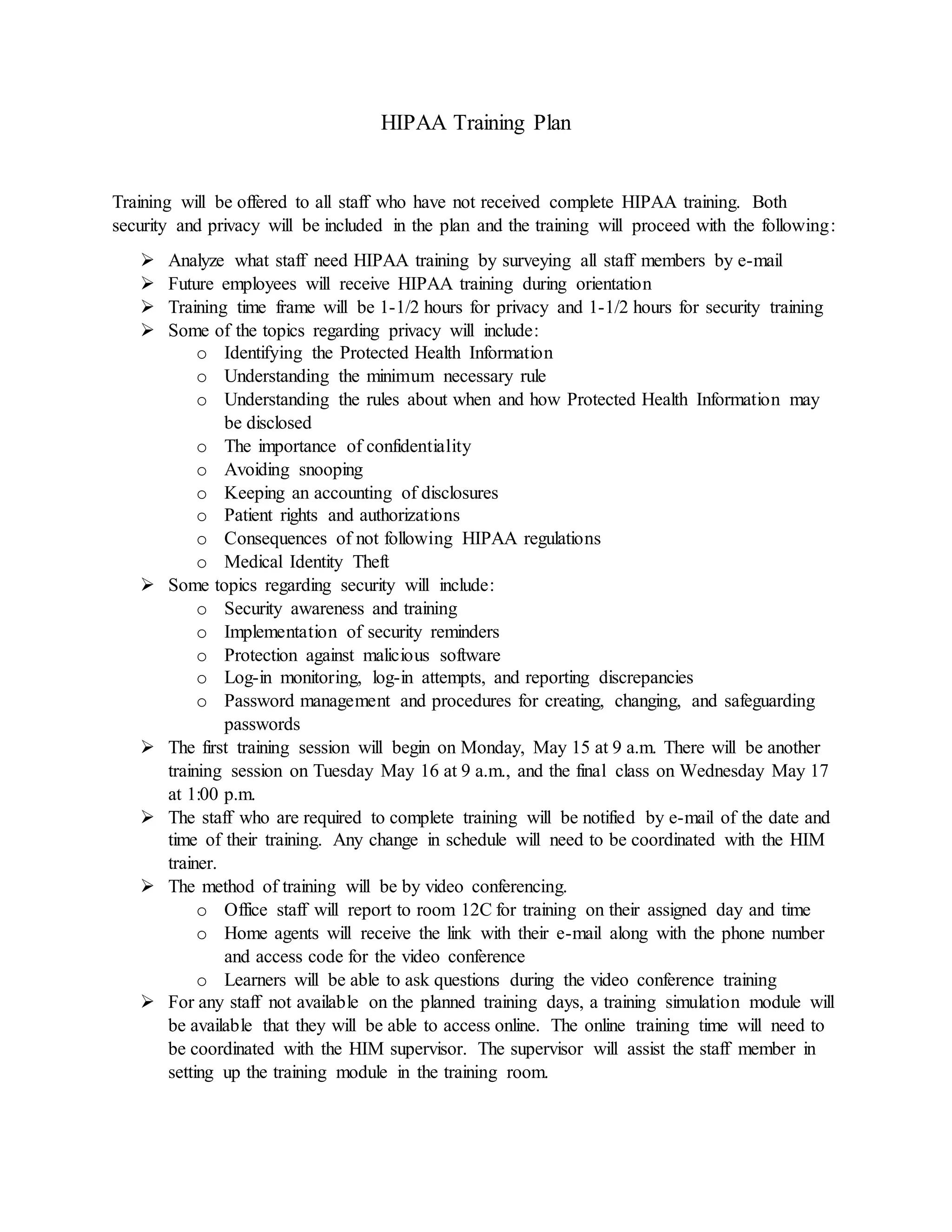 Hipaa training plan organizational resources | DOCX