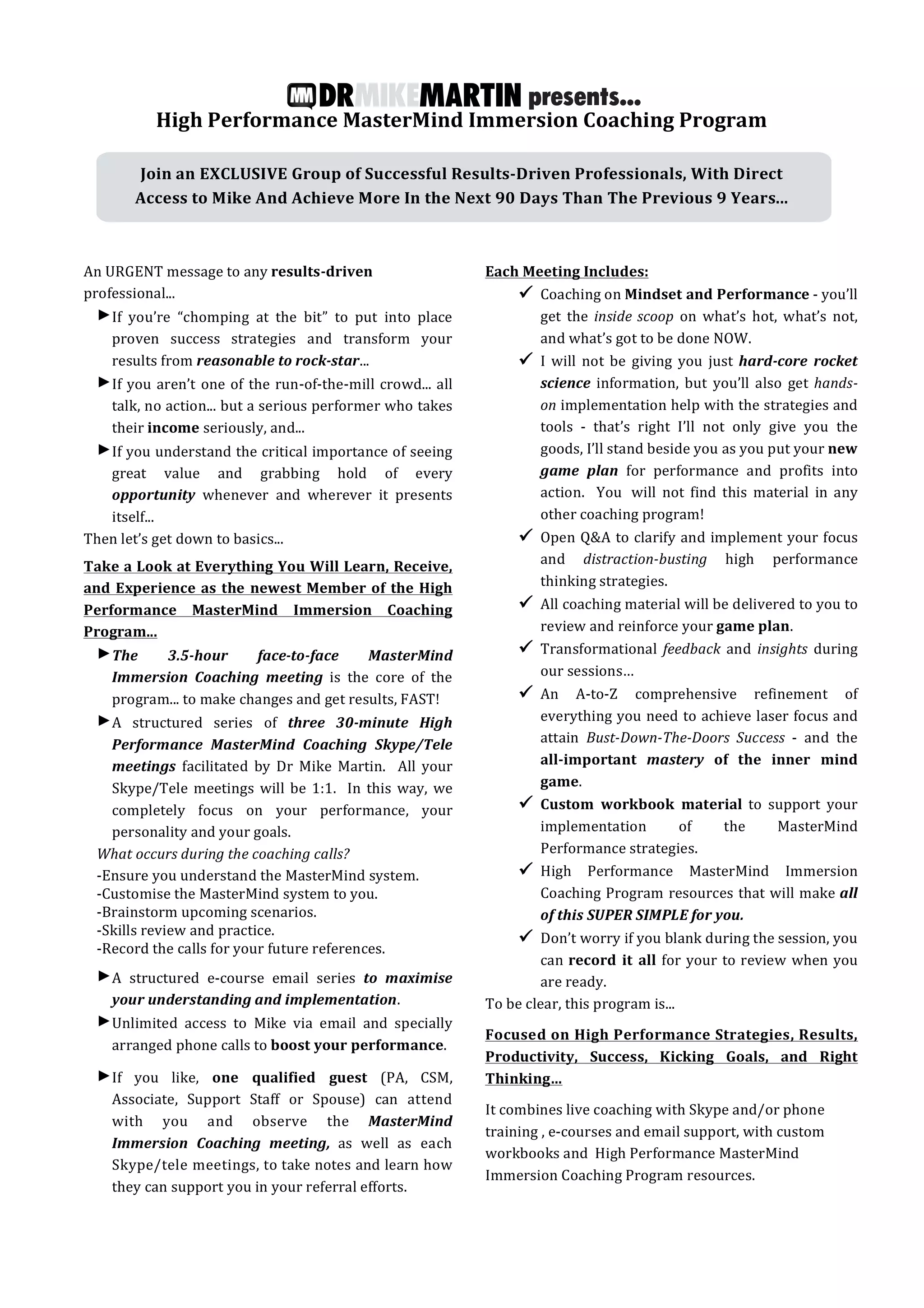 Hi perf master mind immersion coaching prog order | PDF