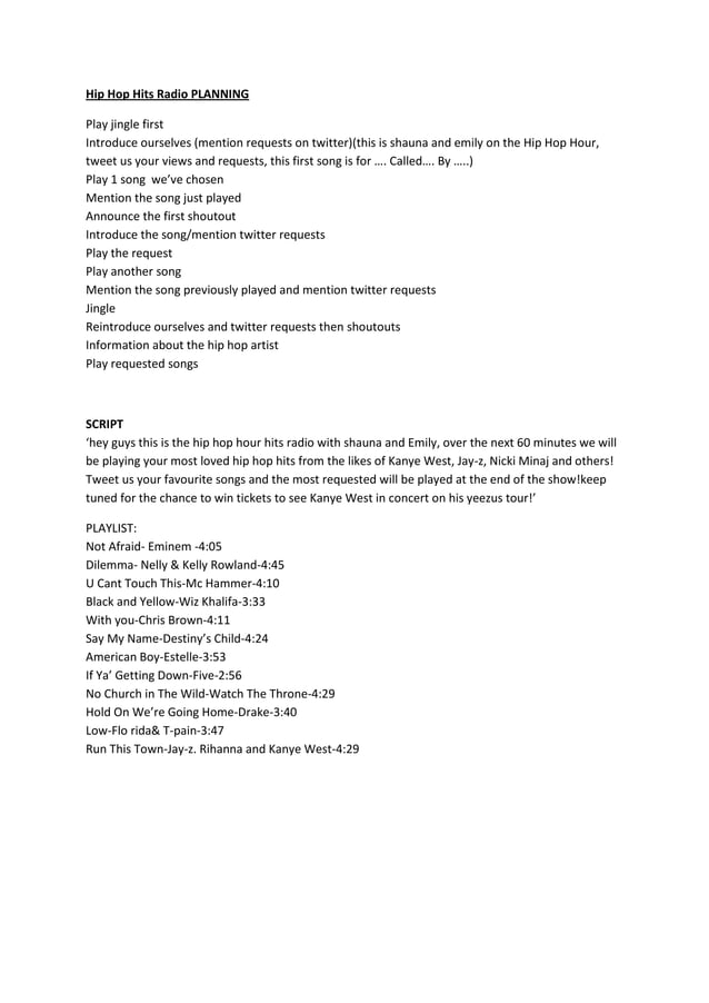 Hip hop hits radio planning | DOCX