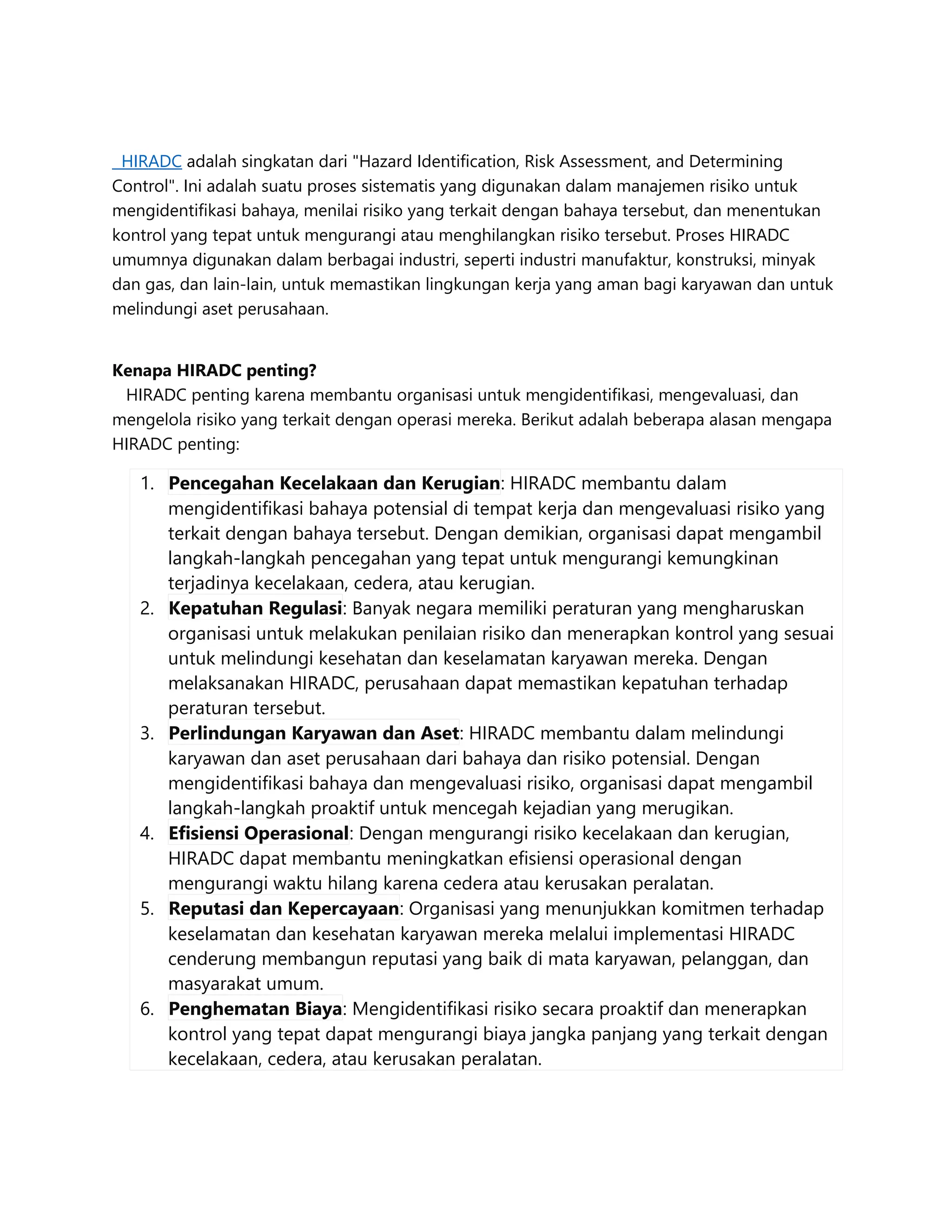 Pengertian tentang HIRADC dan Langkah-langkah pembuatannya. | DOCX