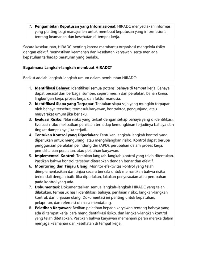 Pengertian tentang HIRADC dan Langkah-langkah pembuatannya. | DOCX